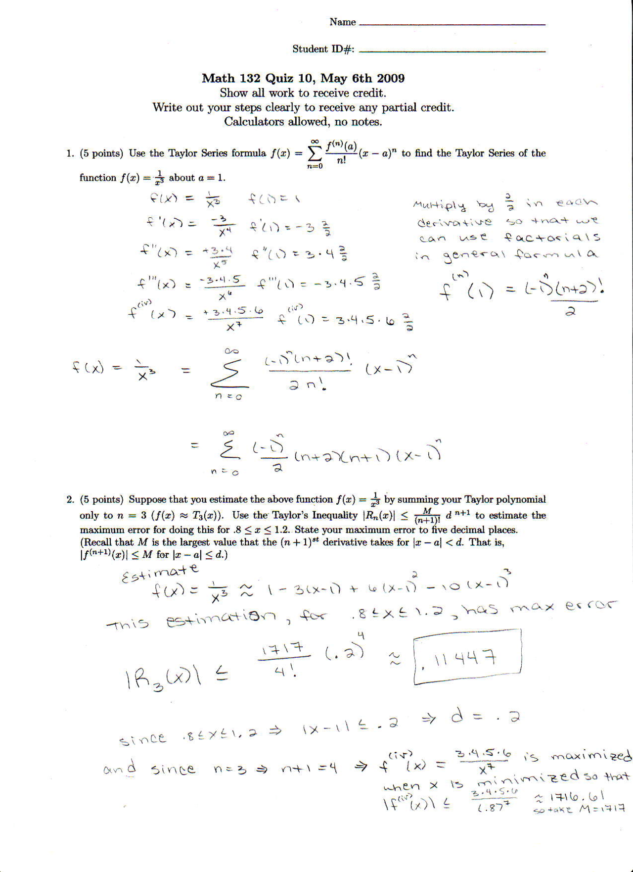 Practice Problems For Calculus Ii Quiz 10 With Answers Math 132