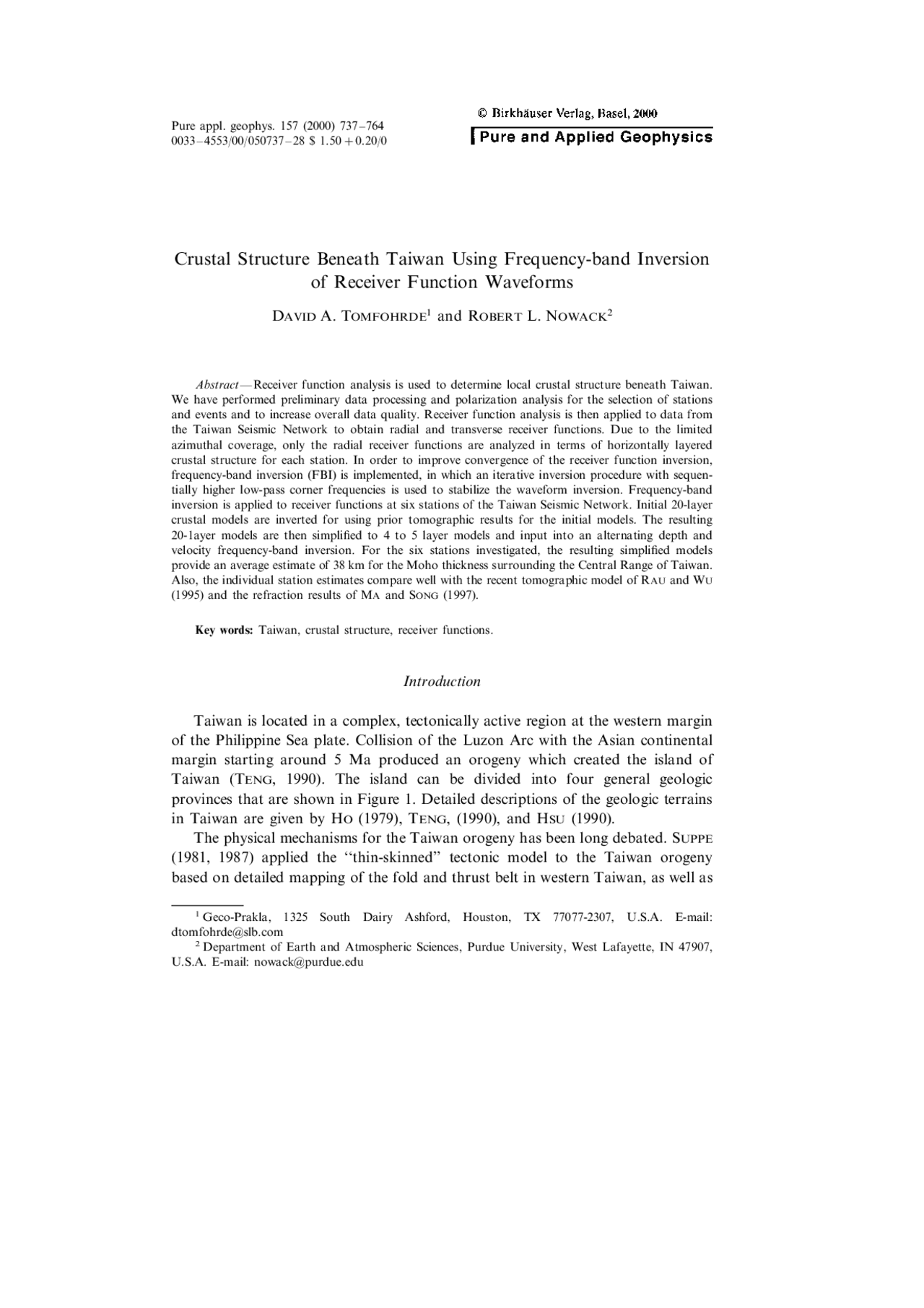 Crustal Structure Beneath Taiwan Using Frequency Band Inversion Of Receiver Function Waveforms