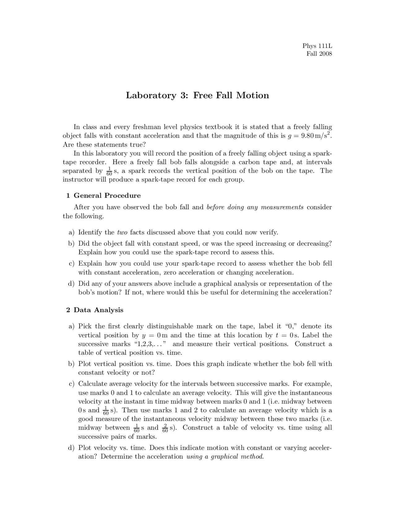 Lab 3 for Free Fall Motion - General Physics | PHYS 111 | Lab Reports ...