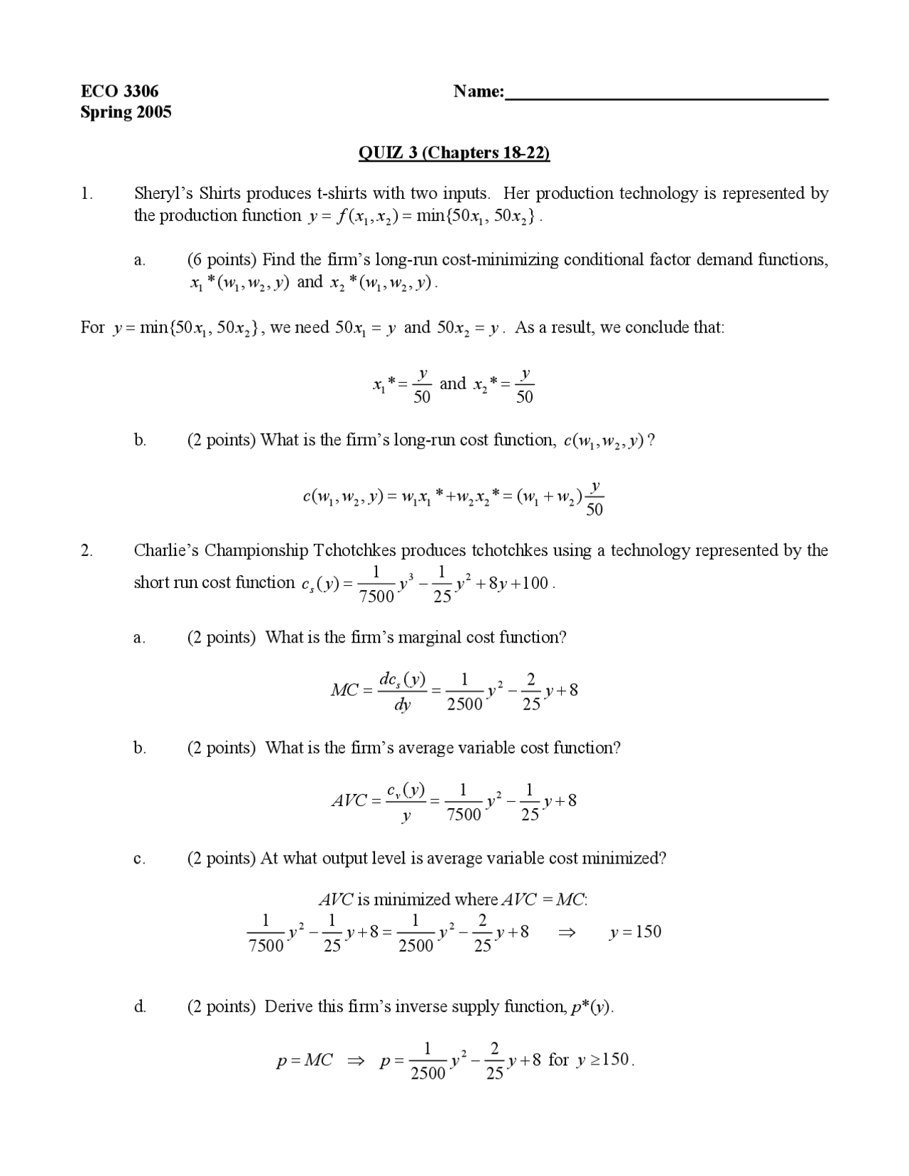 Questions On Intermediate Microeconomic Analysis For Quiz 3 Eco 3306