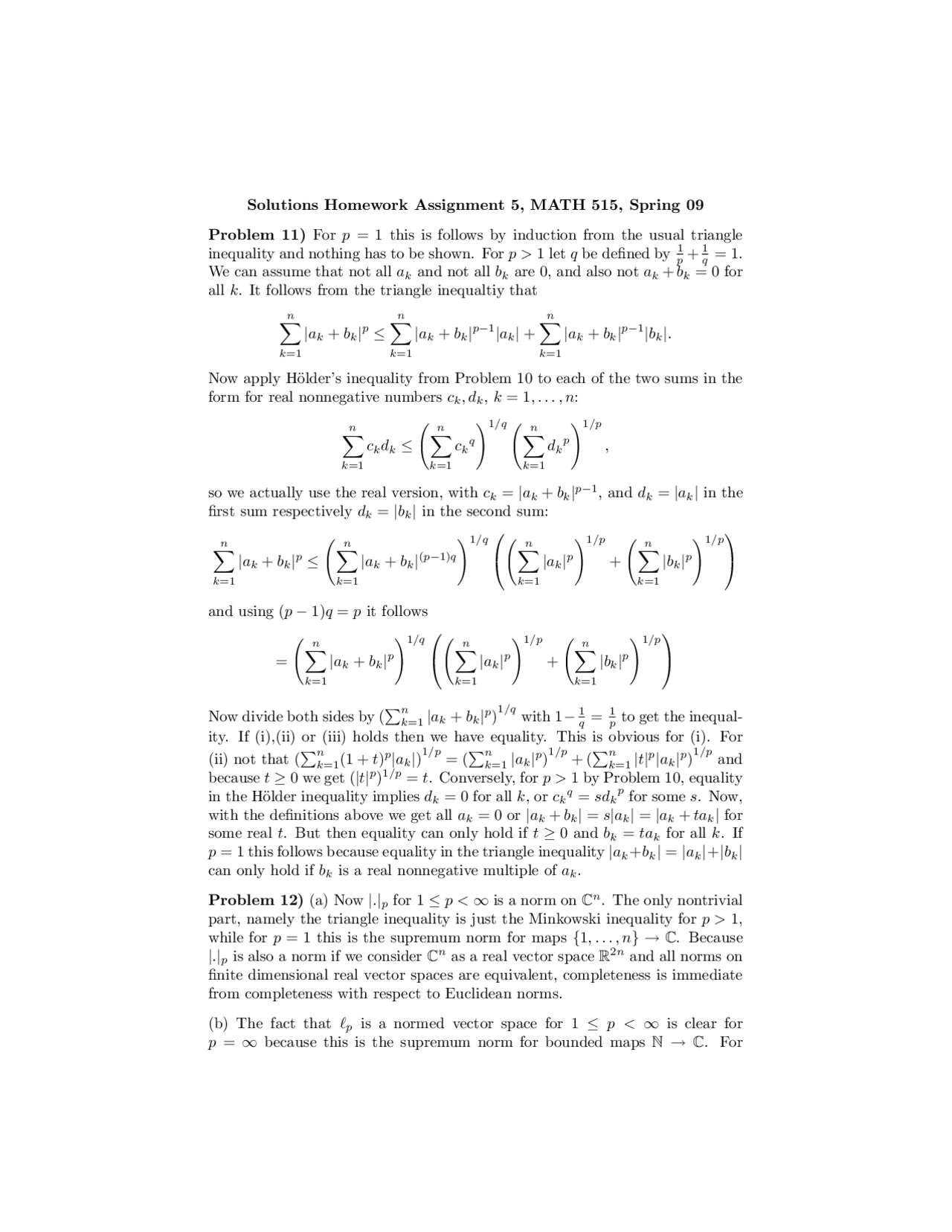 Homework Assignment 5 Solutions - Advanced Analysis | MATH 515 - Docsity
