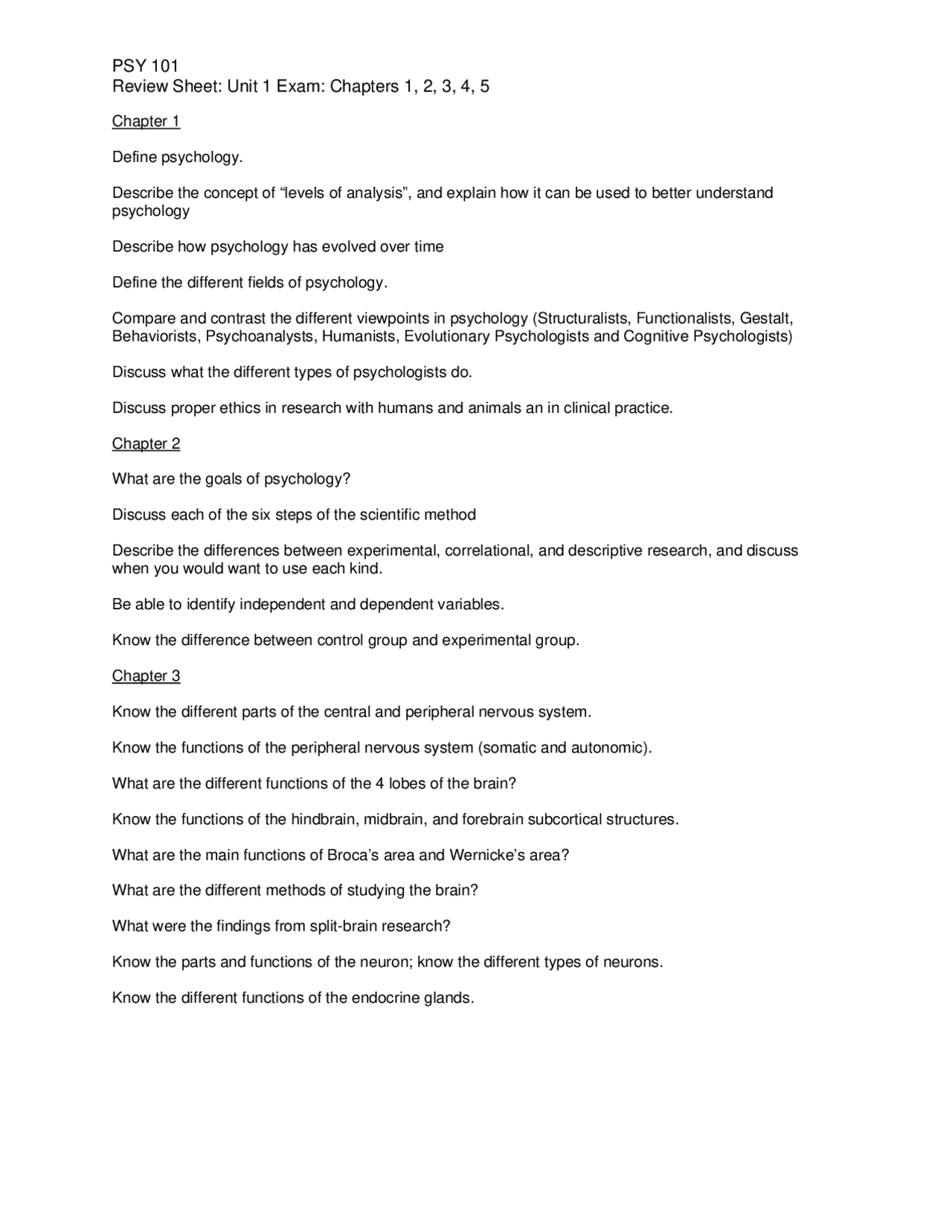 Review Sheet For Principles Of Biology Psy 101 Docsity