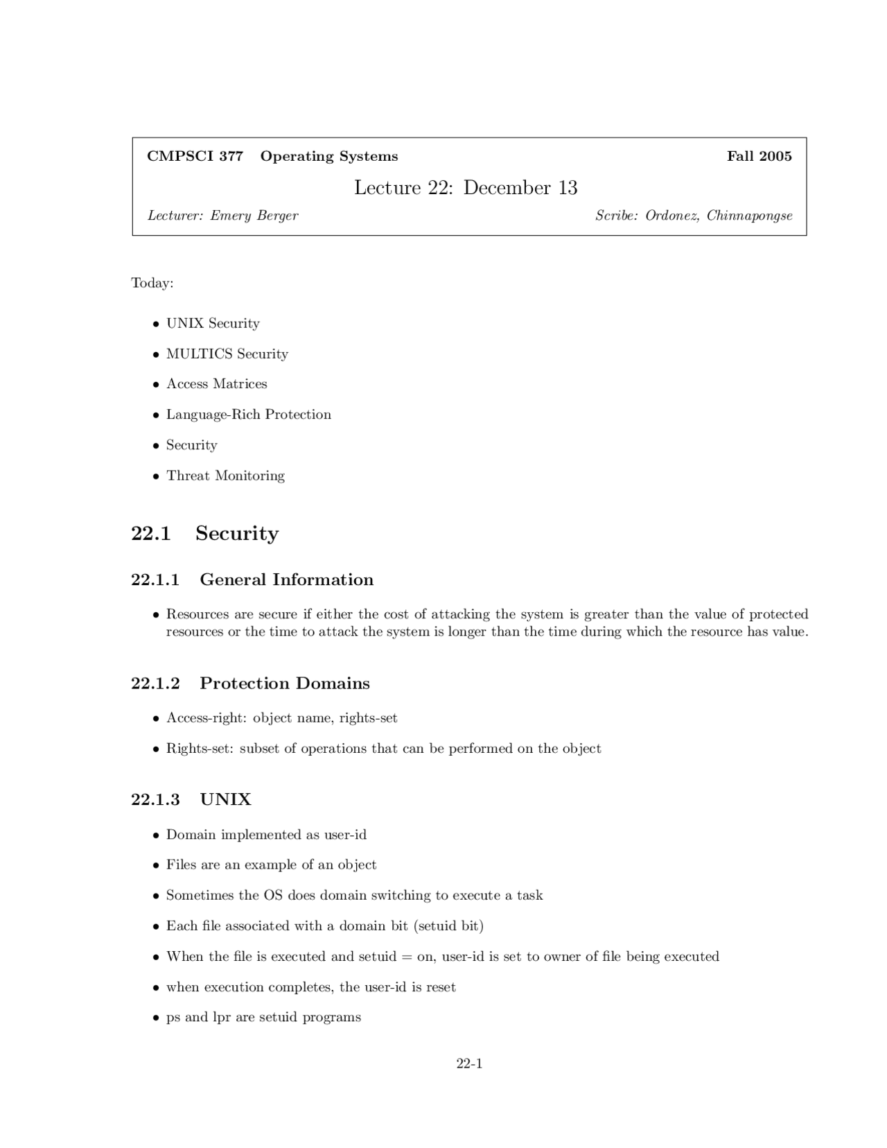 Lecture 22 Unix And Multics Security Access Matrices Threat Monitoring