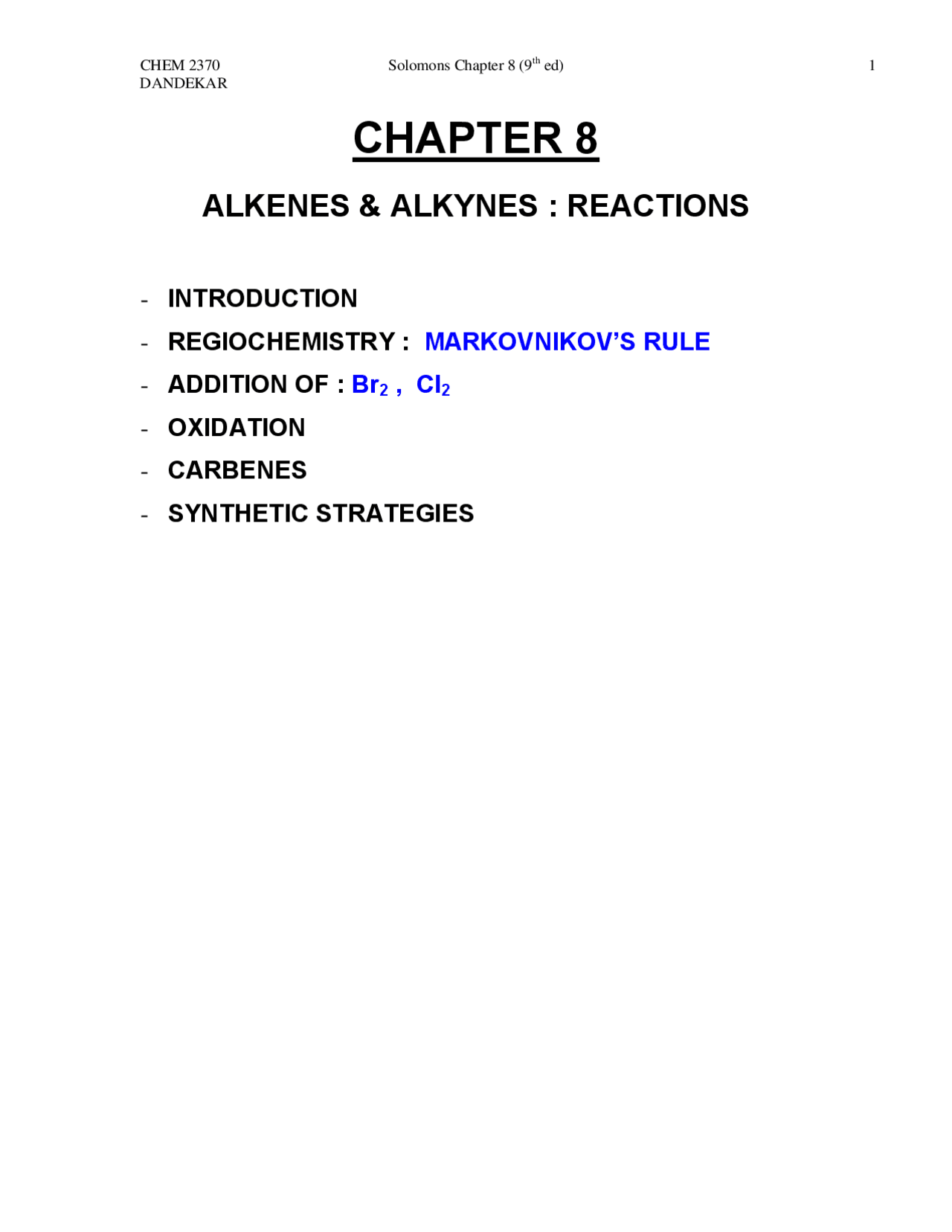 Alkenes And Alkynes Reactions Lecture Slides Chem 2370 Exámenes