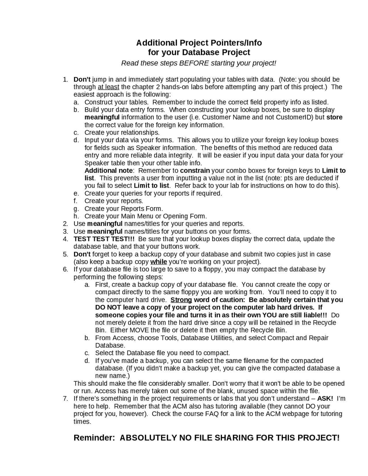 Additional Project Pointers and Information for Your Database Project | CIS 250 - Docsity