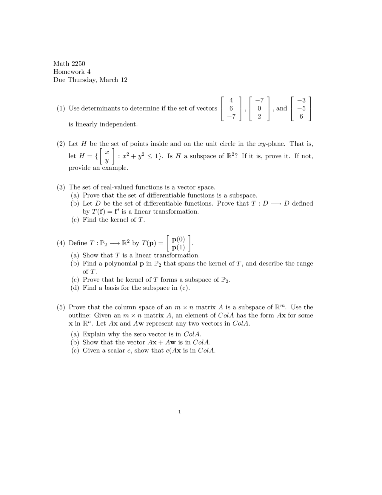 5 Questions On Elementary Linear Algebra Assignment 4 Math 2250