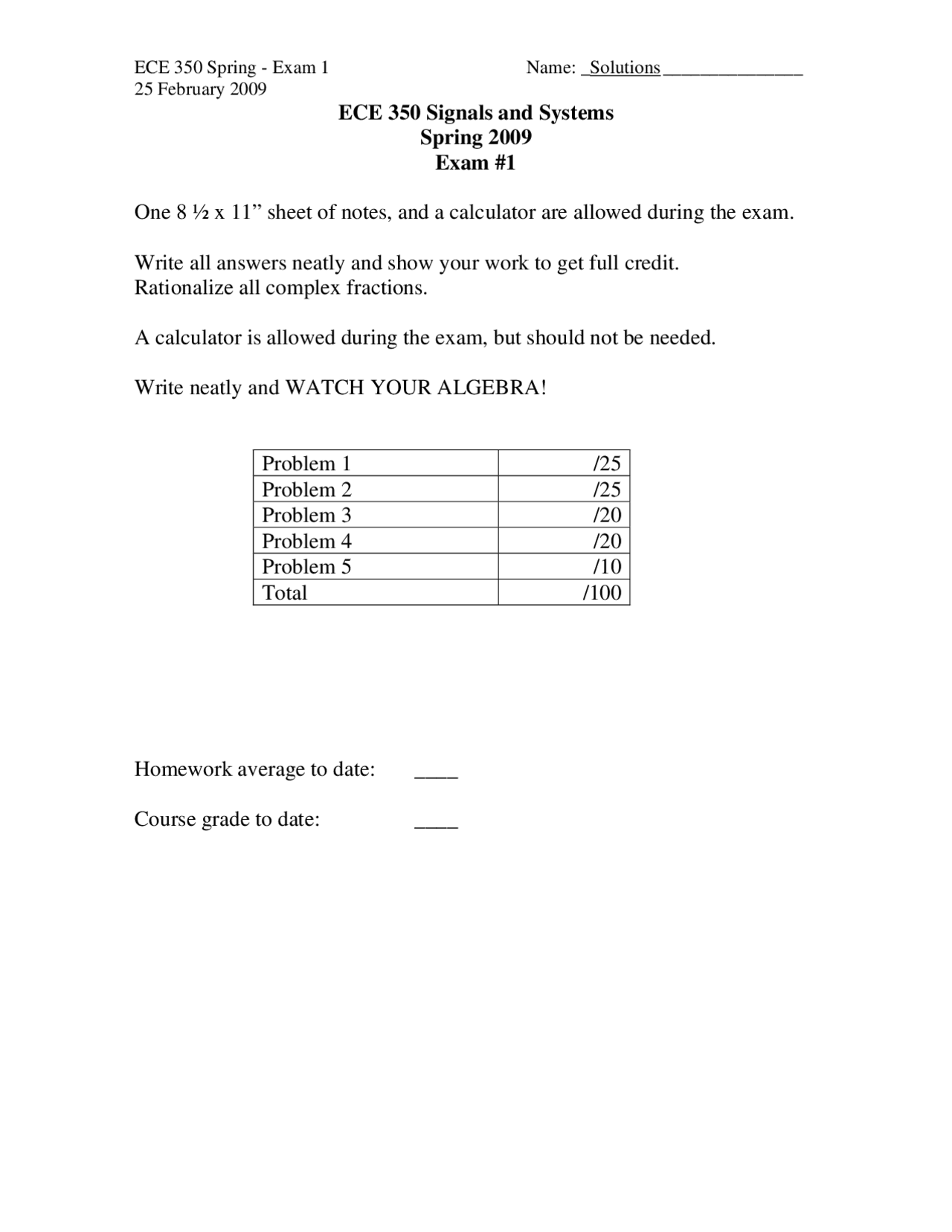 Solutions To Exam Signals And Systems Ece 350 Docsity