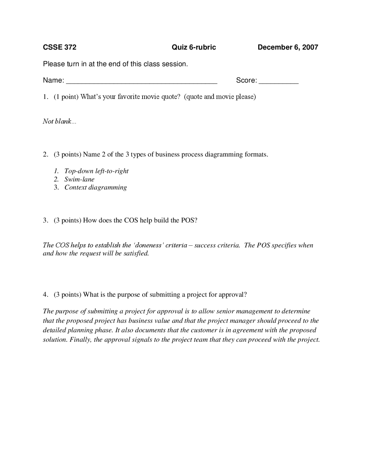 Quiz 6 Rubric Software Project Management Csse 372 Docsity
