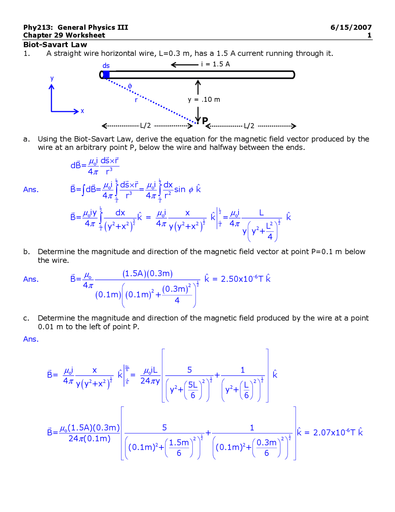 Biot Savart Law In General Physics I Assignment Phy 213 Docsity