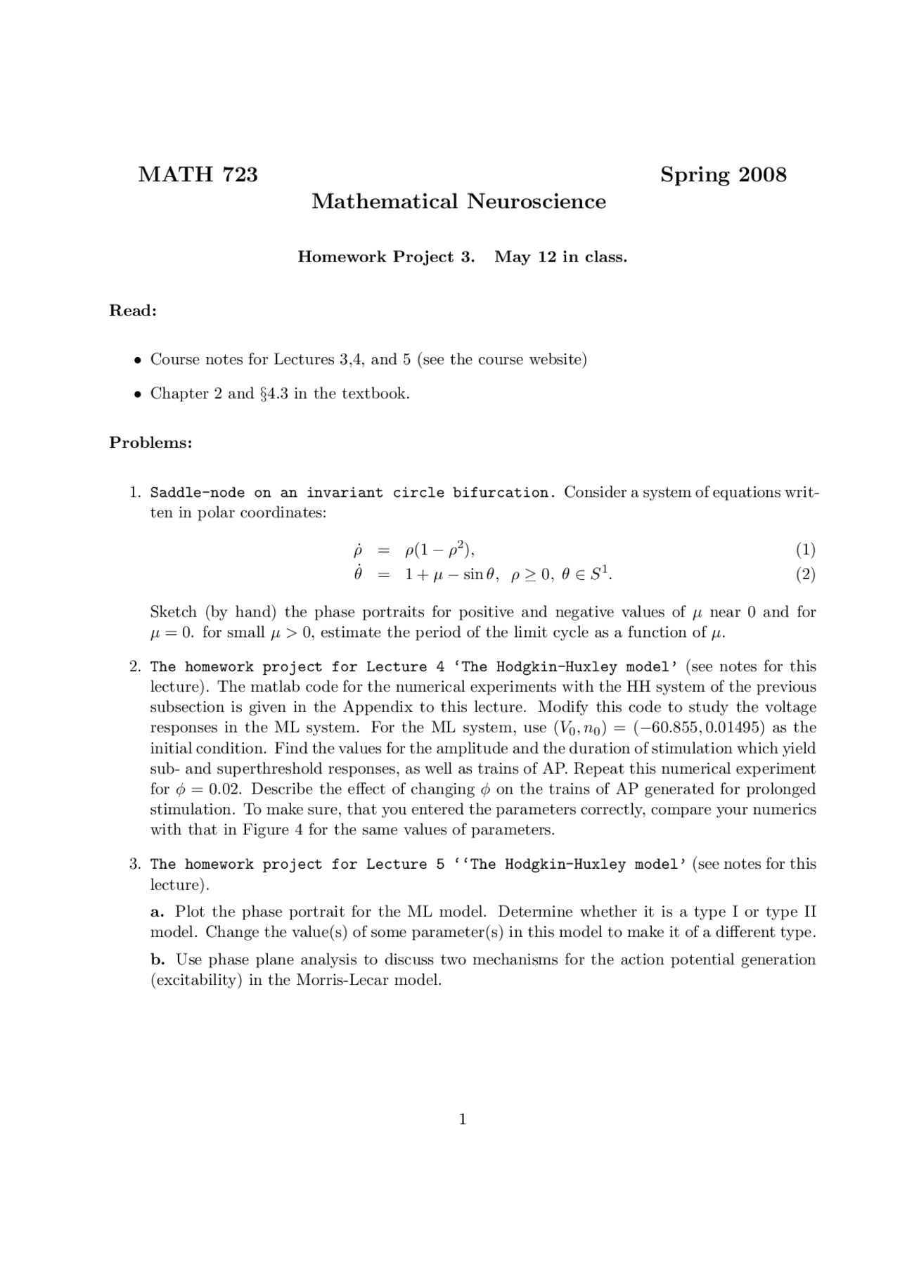 Homework Project 3: Mathematical Neuroscience - 3 Problems | MATH 723 ...