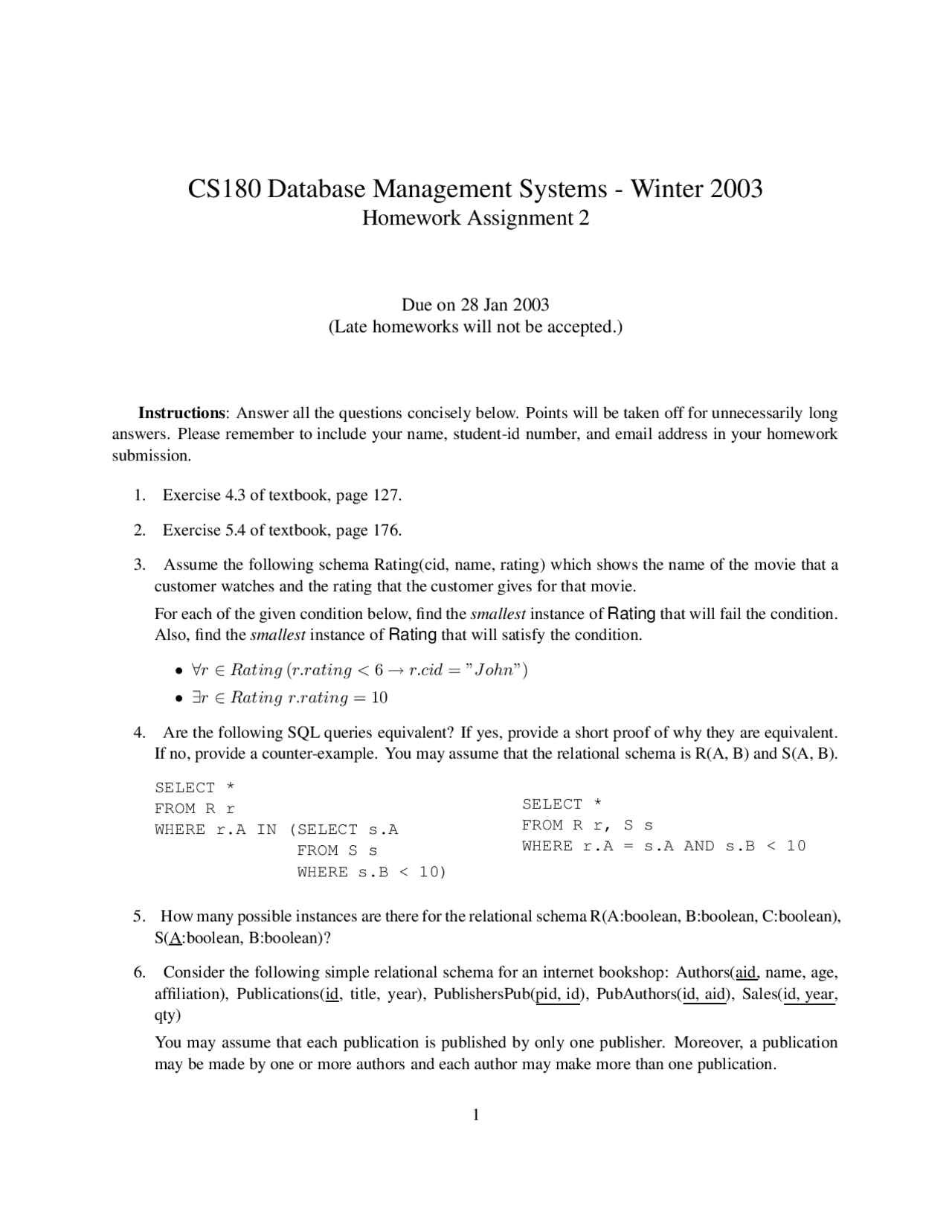 Database Management Systems Homework Assignment 2 - Winter 2003 | Assignments Database ...