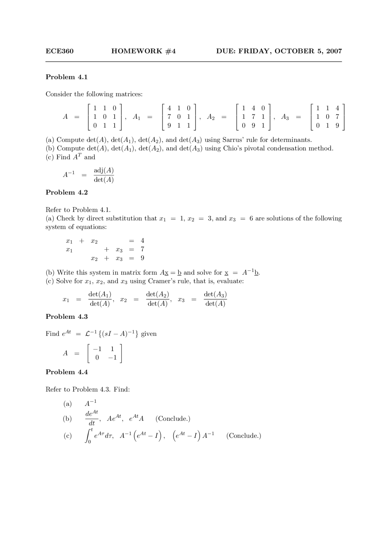 4 Practice Problems On System Modeling And Control Homework 4 Ece 360 Docsity