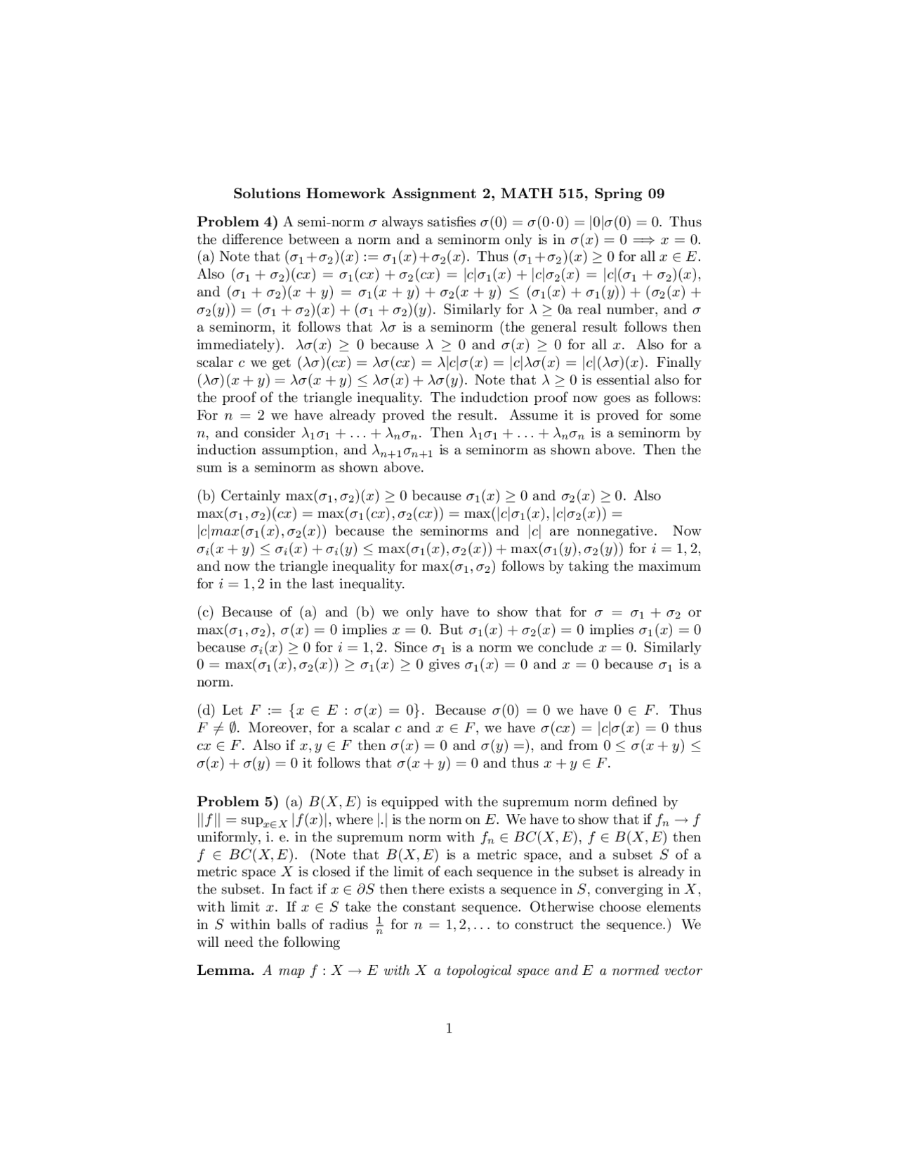 Resolution For Assignment 2 Advanced Analysis 2009 Math 515 Docsity