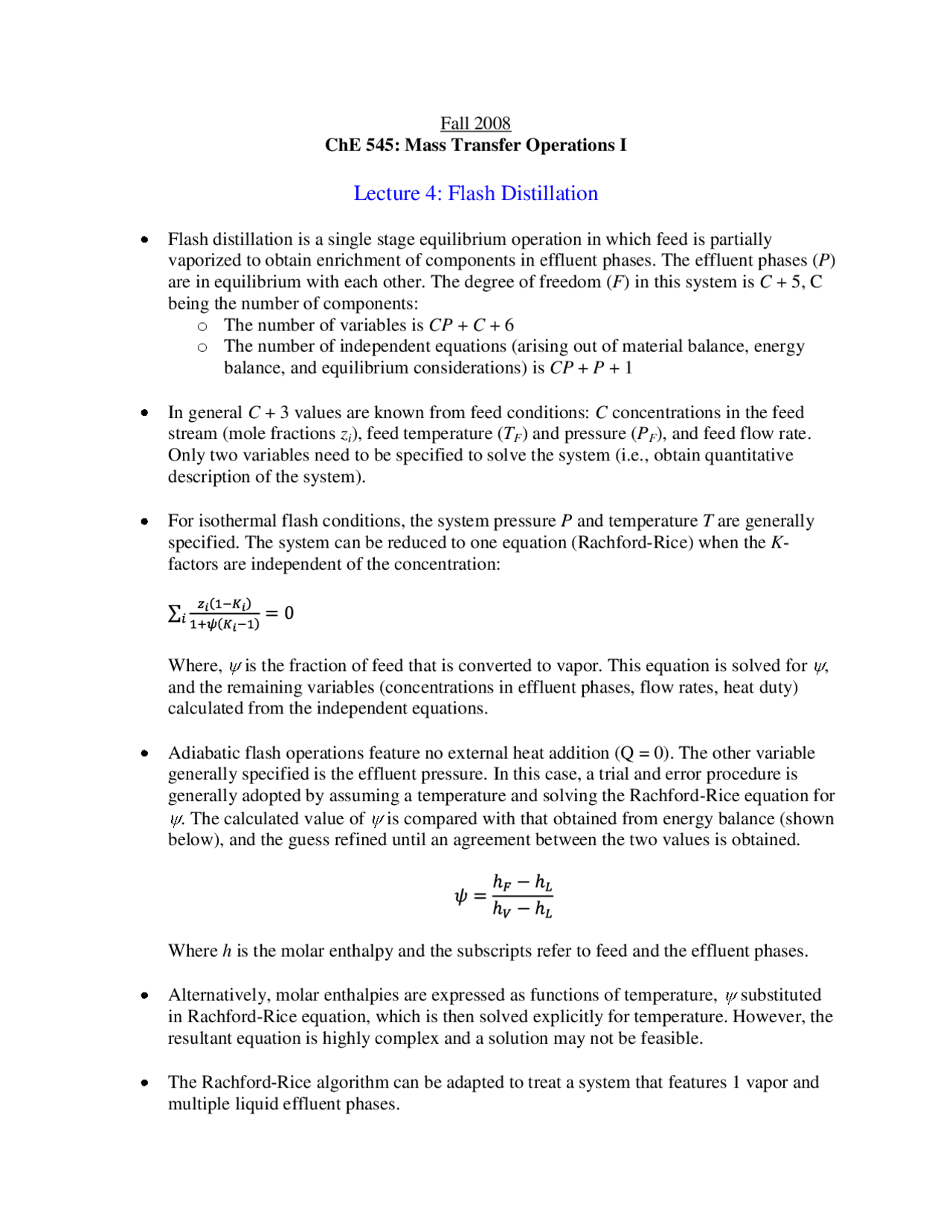Flash Distillation And Mass Transfer Operation L Che 545 Docsity