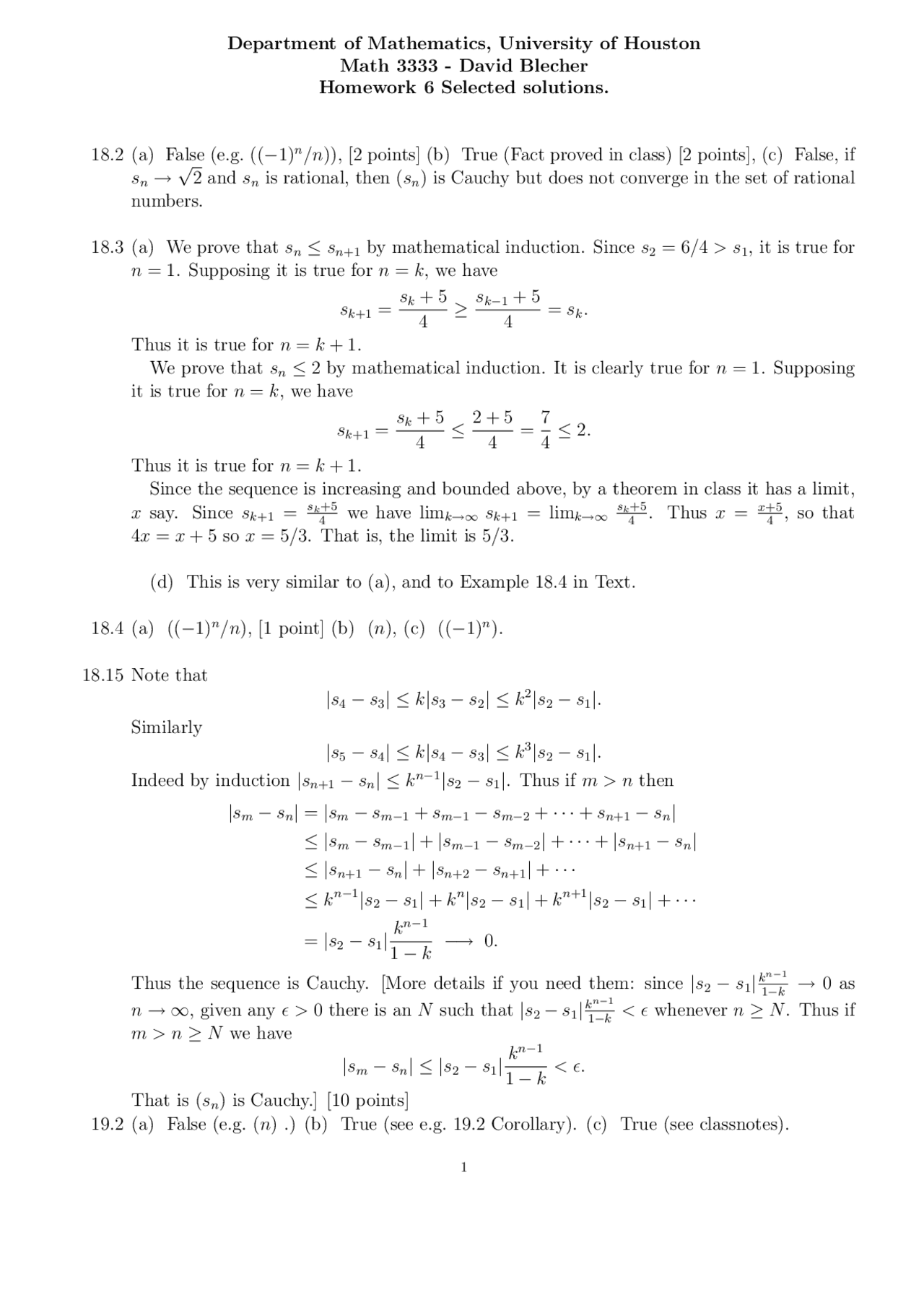 Homework 6 With Selected Solutions Intermediate Analysis Math 3333