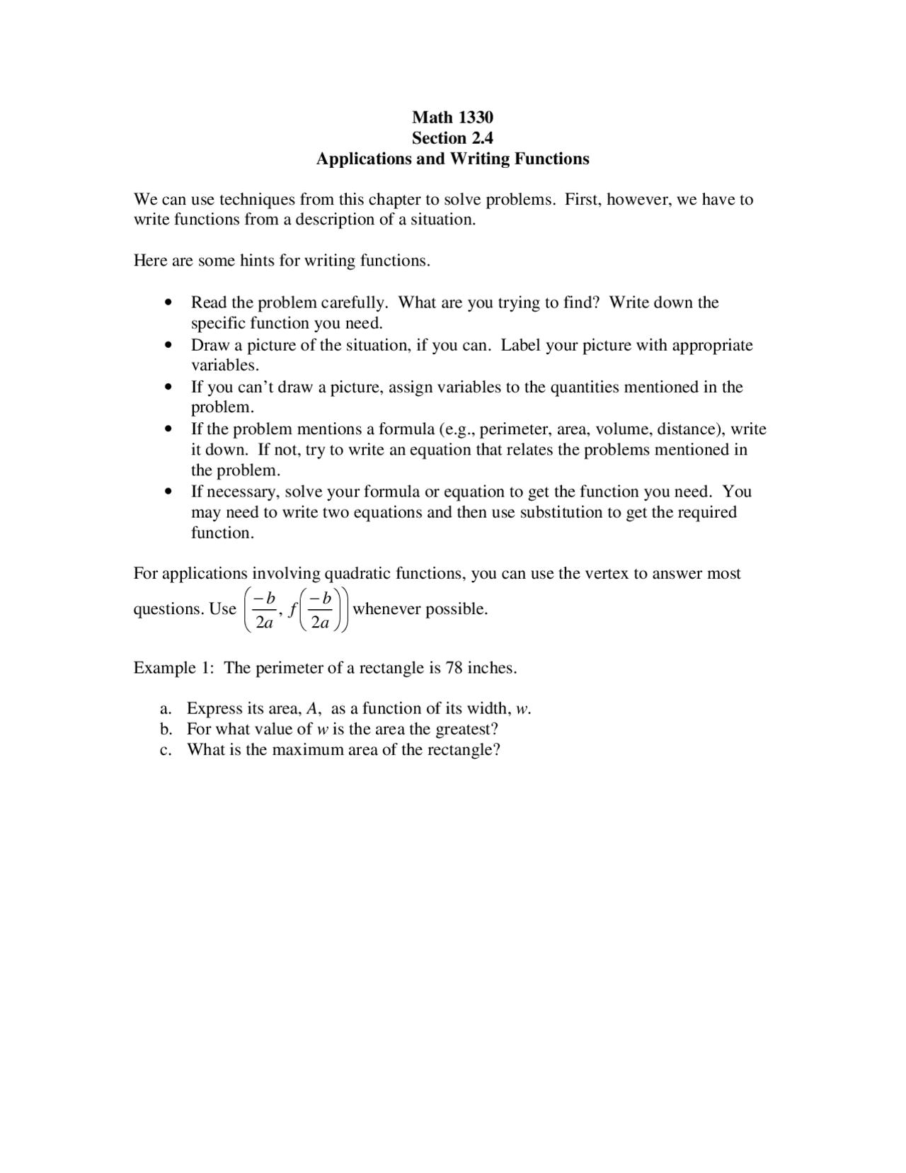 Applications And Writing Functions Lecture Notes Math 1330 Docsity