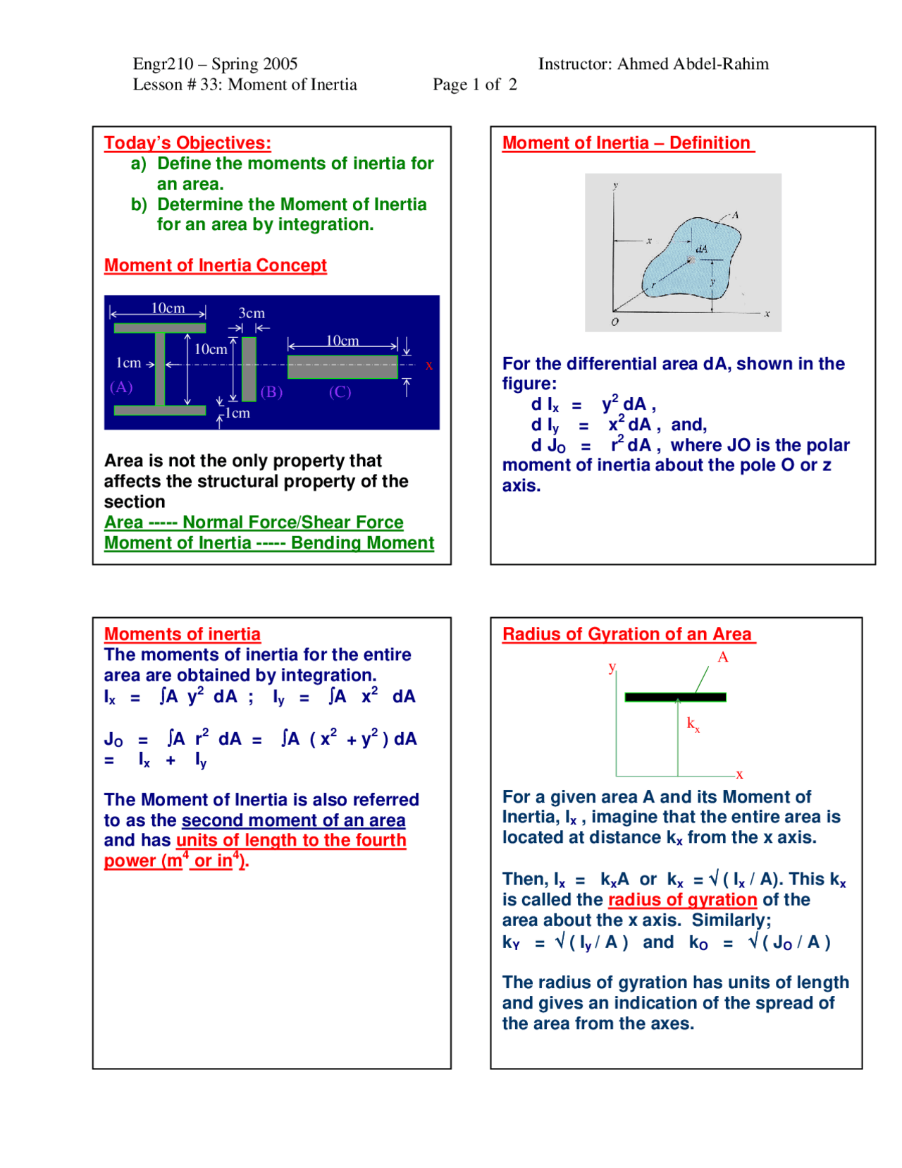 Moment Of Inertia Lecture Slides Engr 210 Docsity