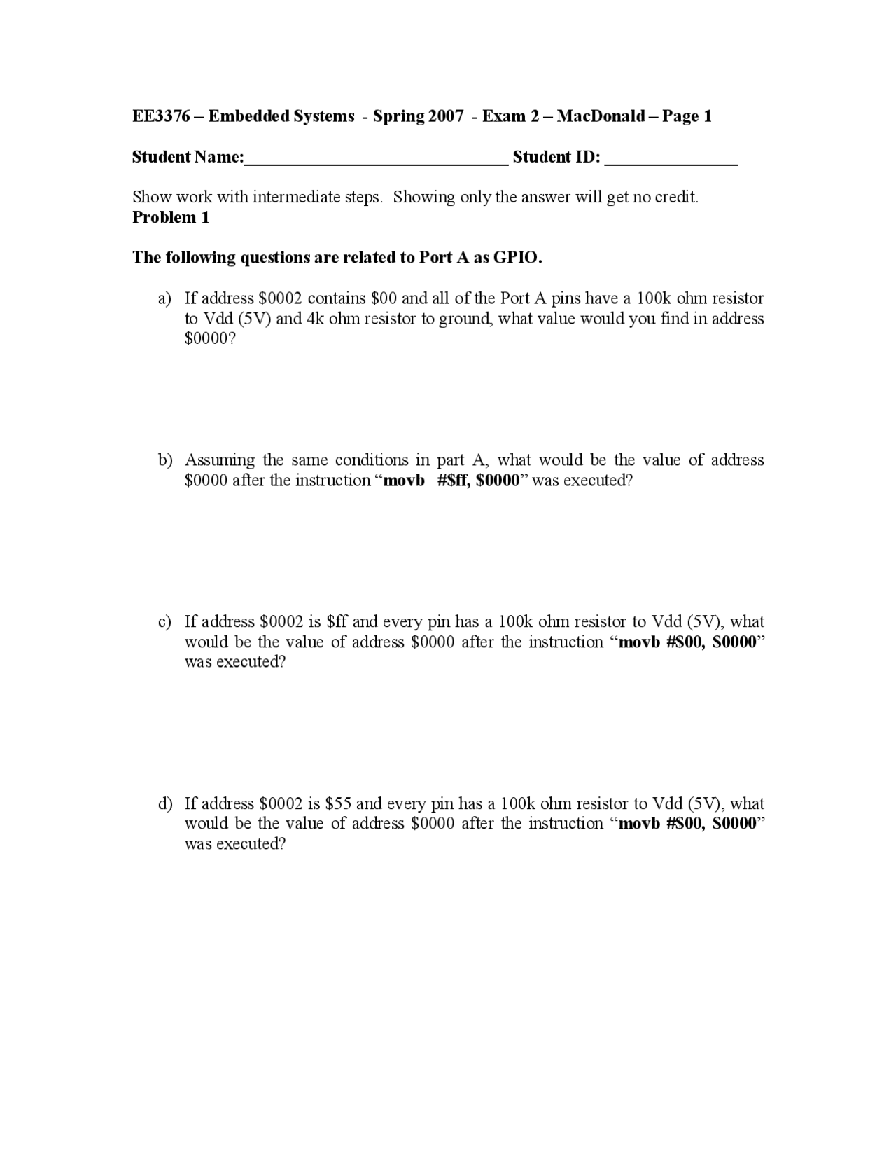 Embedded Systems Exam 2 - Spring 2007 - MacDonald | Exams Microprocessors | Docsity