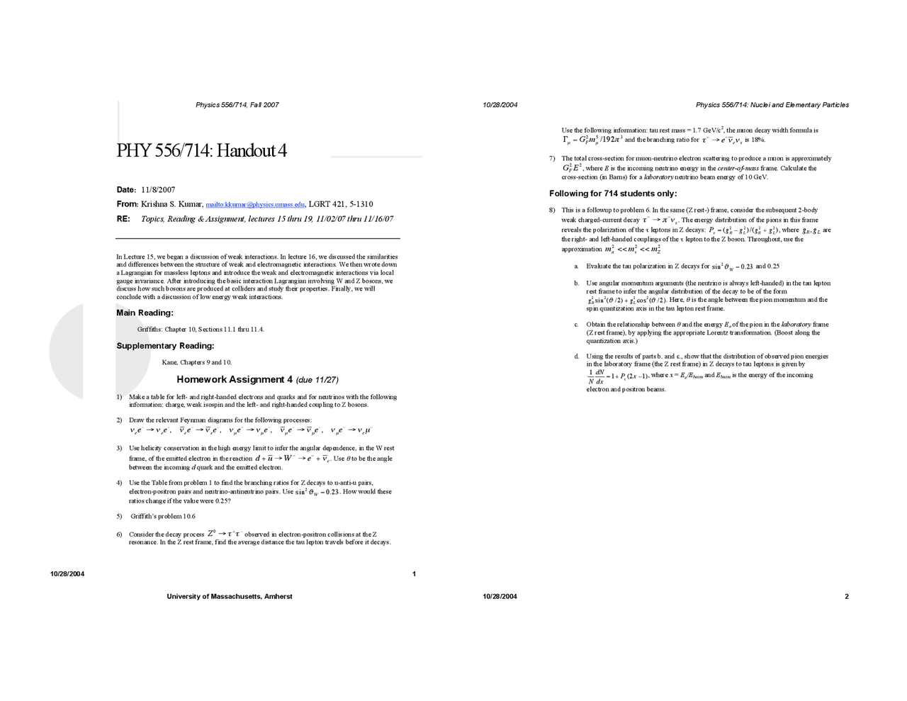 Homework Assignment 4 Nuclei And Elementary Particles Physics 556