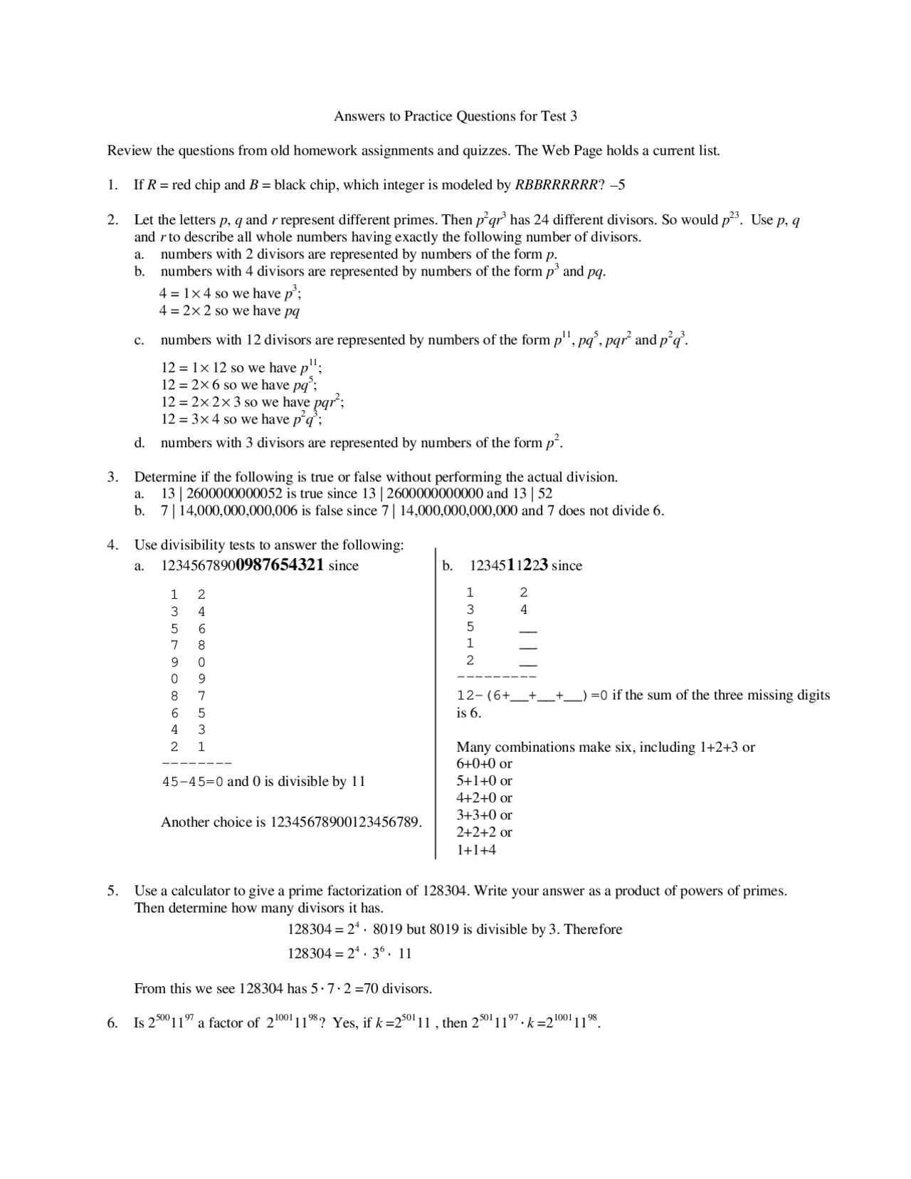 Practice Questions Answers for Test 3: Number Theory - Prof. John ...