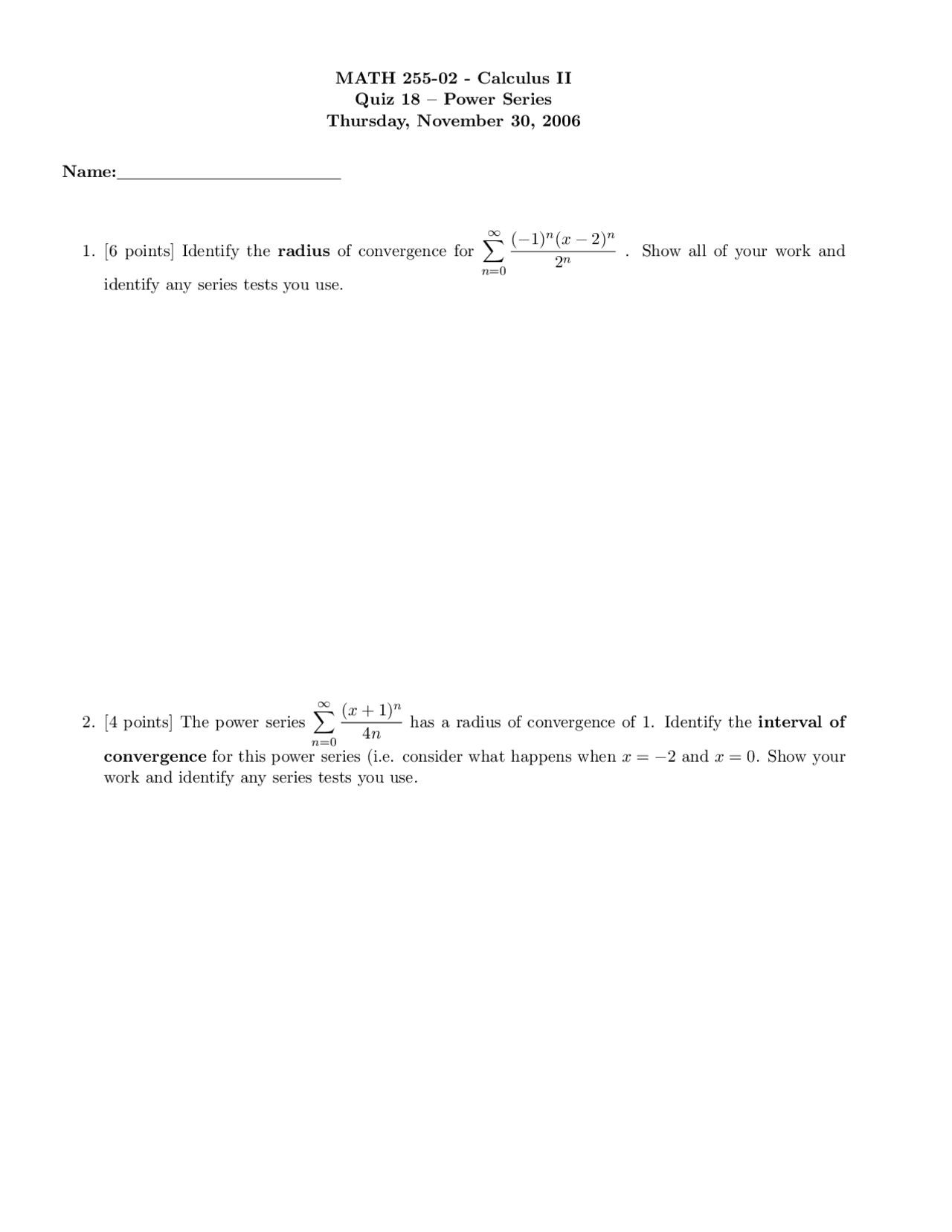 Power Series Quiz 18 Calculus Ii Math 255 Docsity
