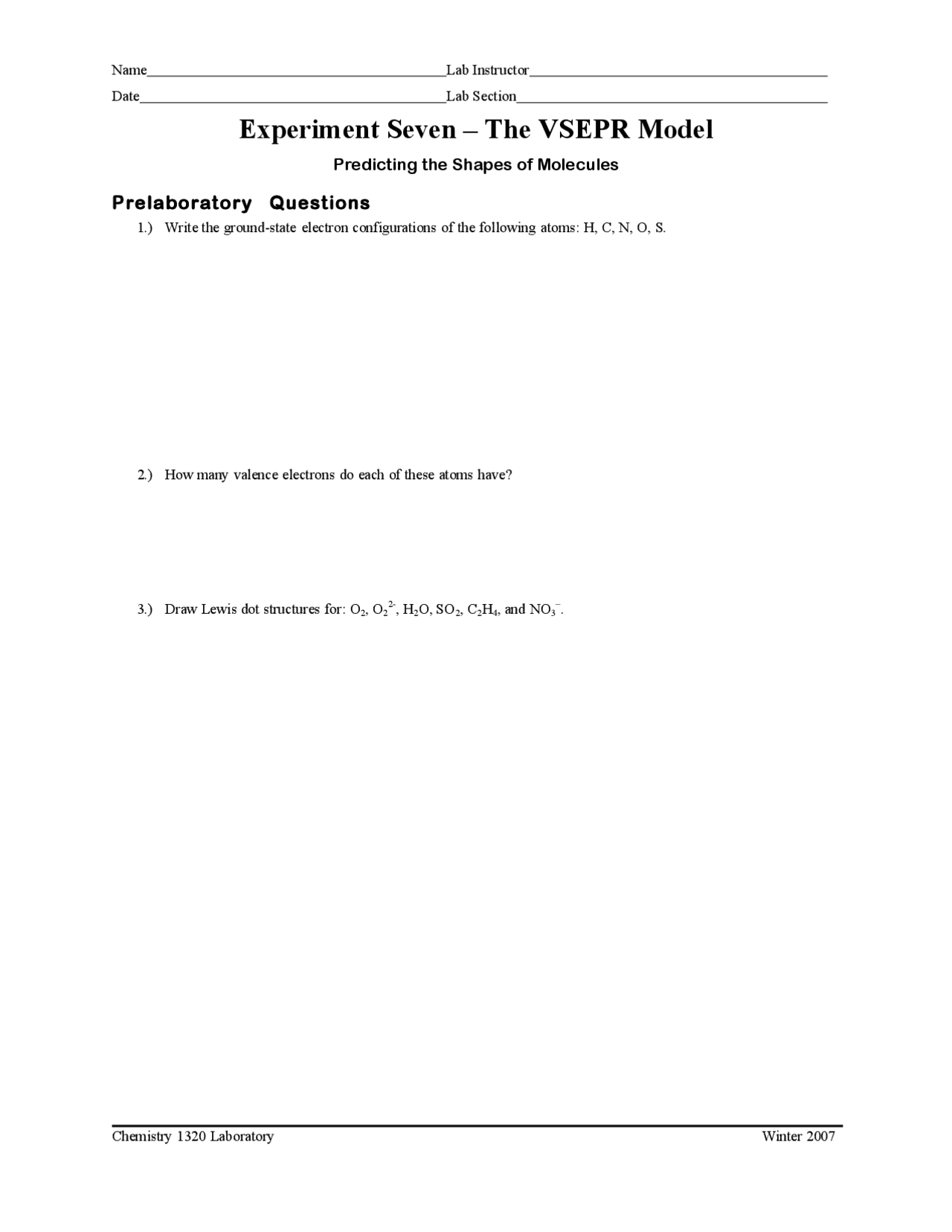 The VSEPR Model – Lab Experiment 7 - Pre-Laboratory Questions | CHEM ...