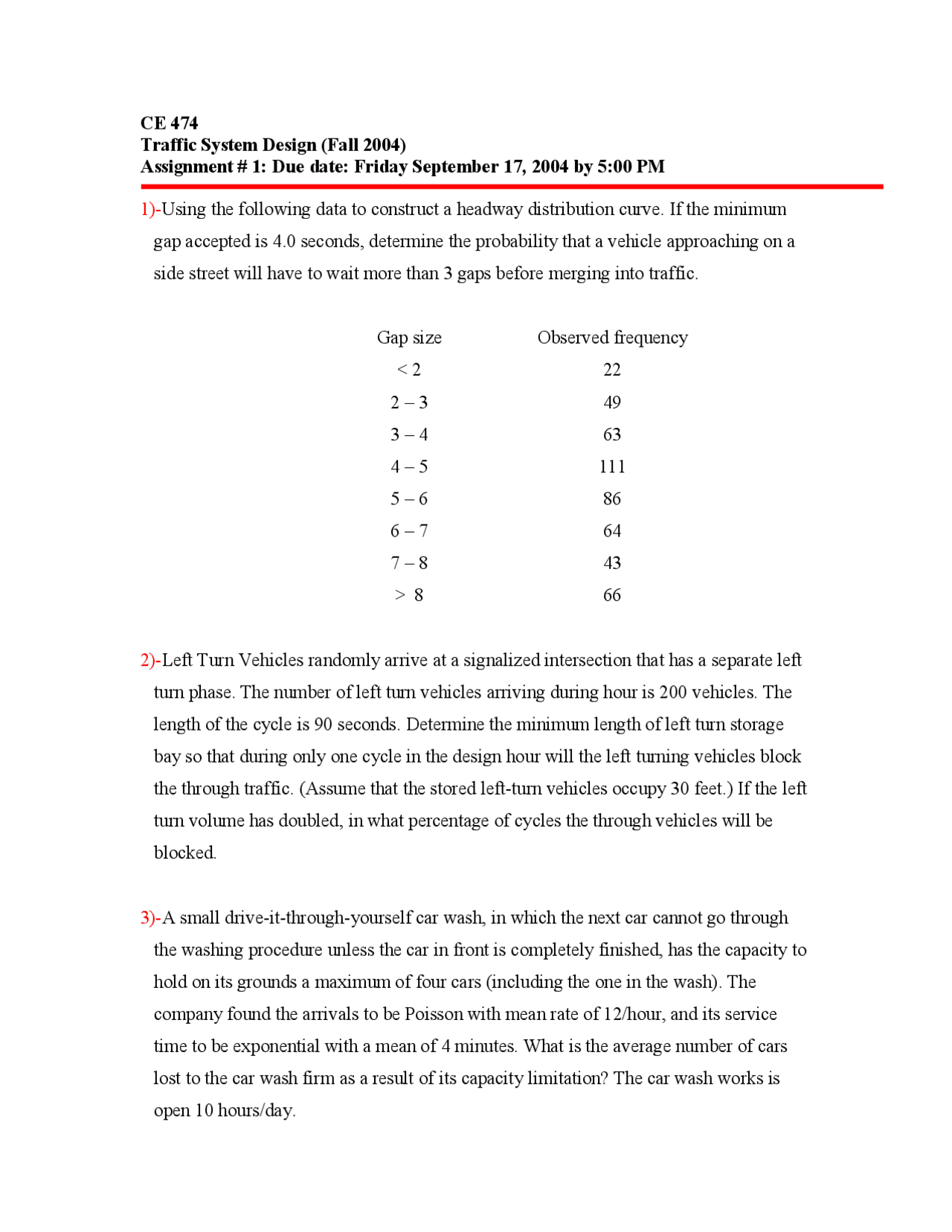 Assignment 1 For Traffic System Design Fall 2004 Ce 474 Docsity