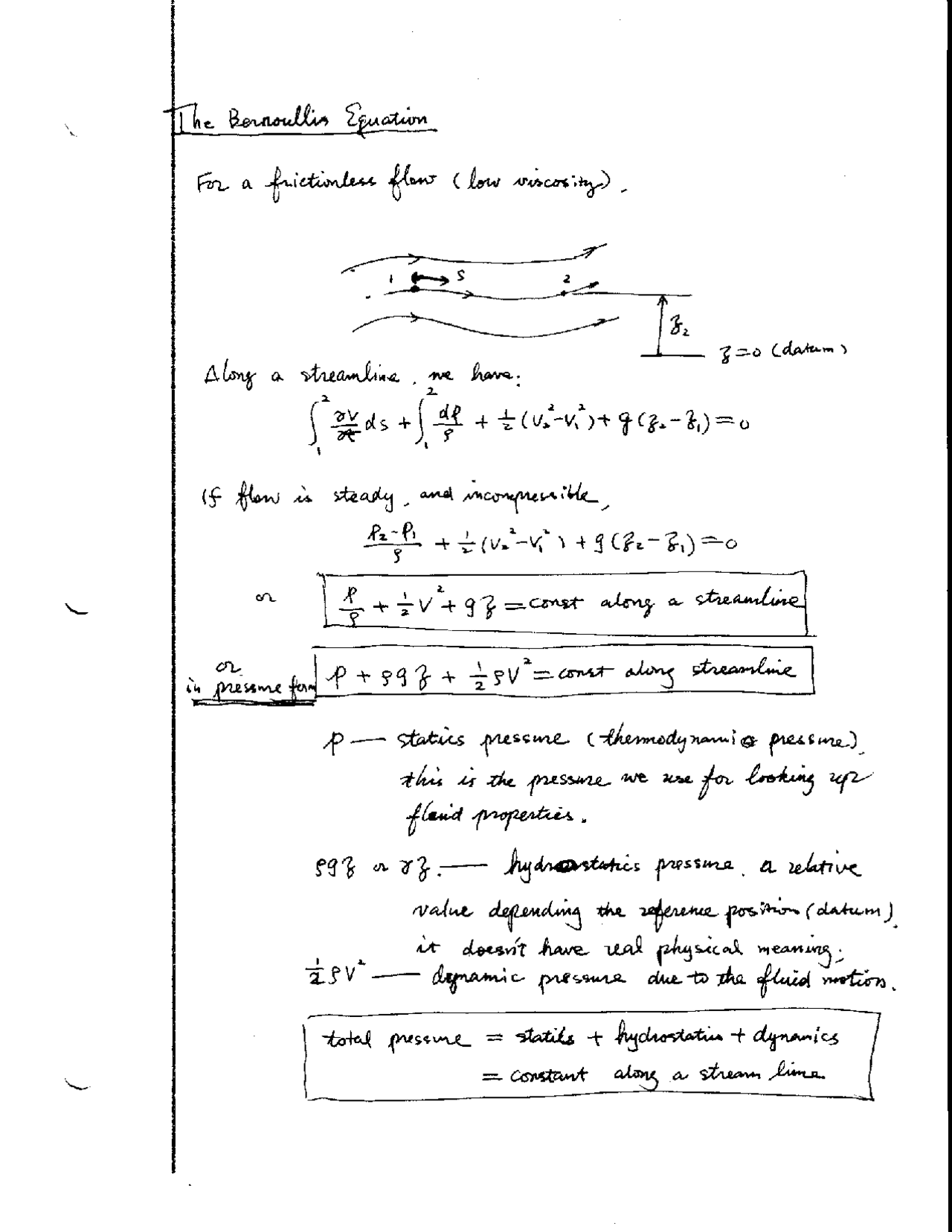 Handwritten Notes on The Bernoulli's Equation | MEEN 3120 - Docsity