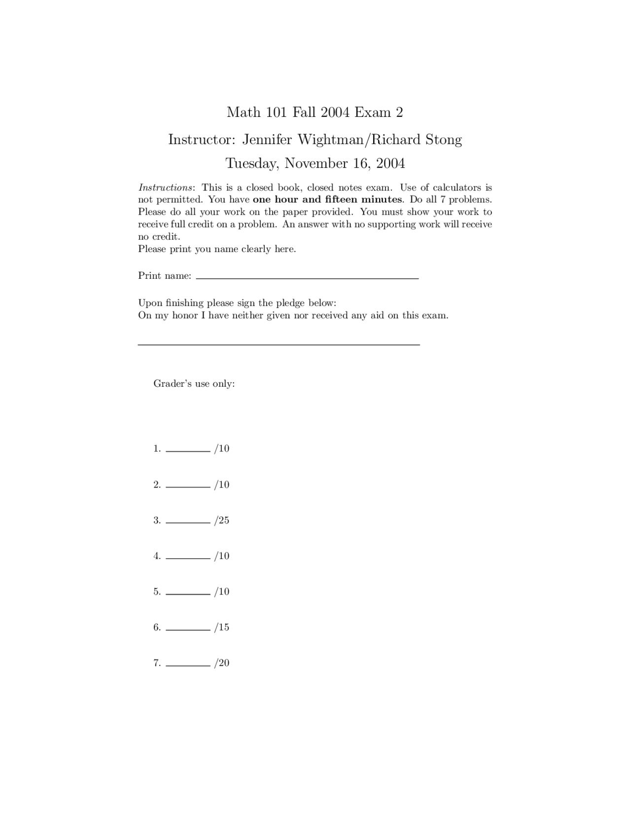 Exam 2 Questions for Single Variable Calculus I - Fall 2004 | MATH 101 - Docsity