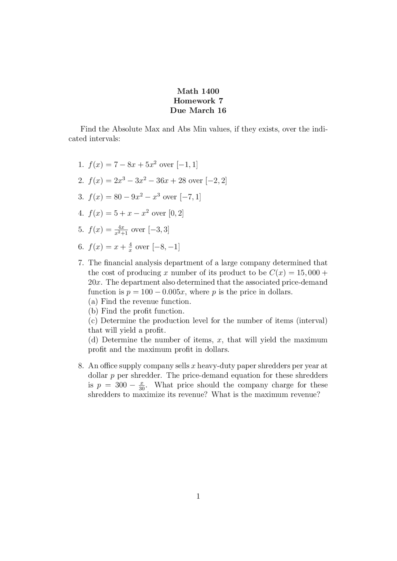 8 Problems on the Absolute Maximum and Minimum Values - Homework | MATH 1400 - Docsity