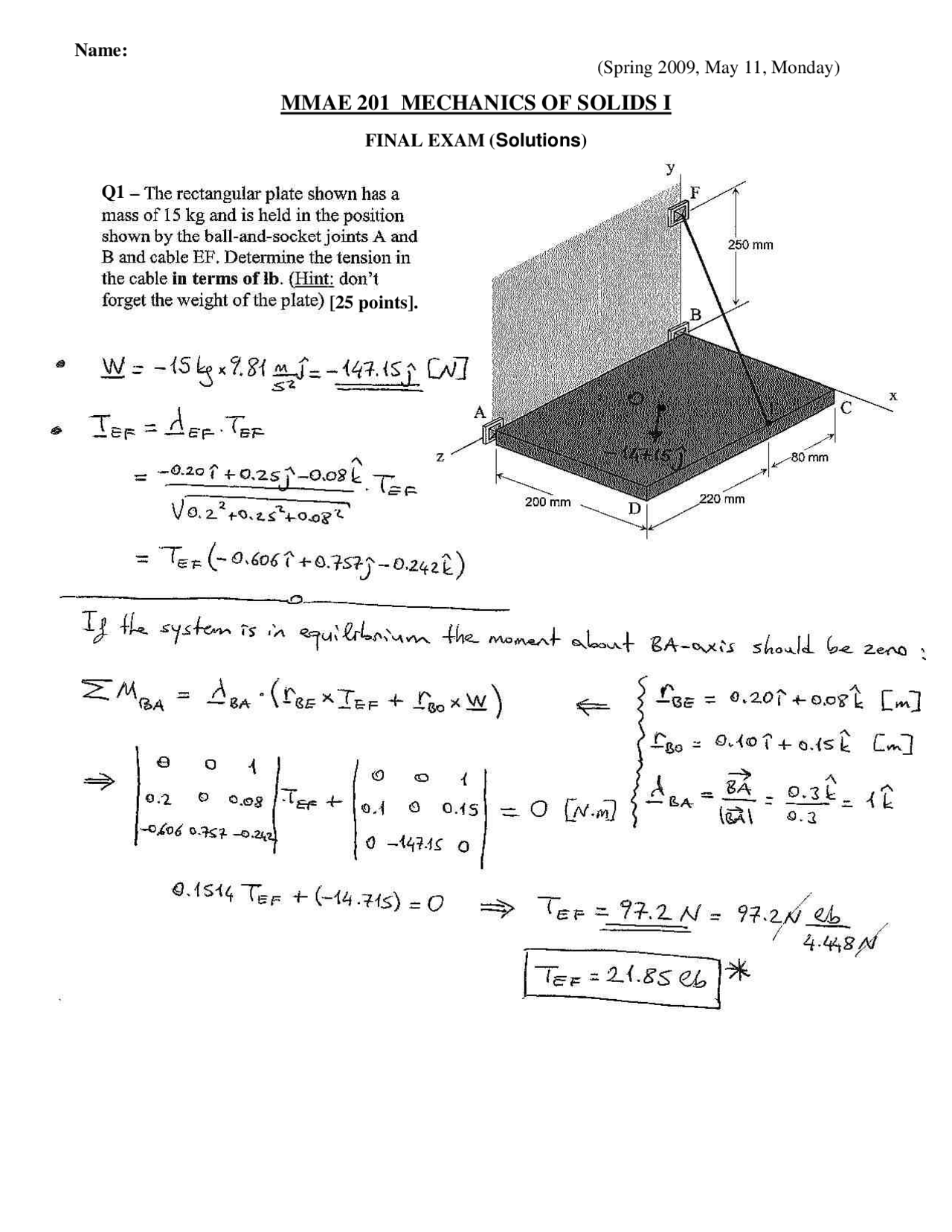 Mechanics of Solids I - Final Exam with Solutions | MMAE 201 - Docsity