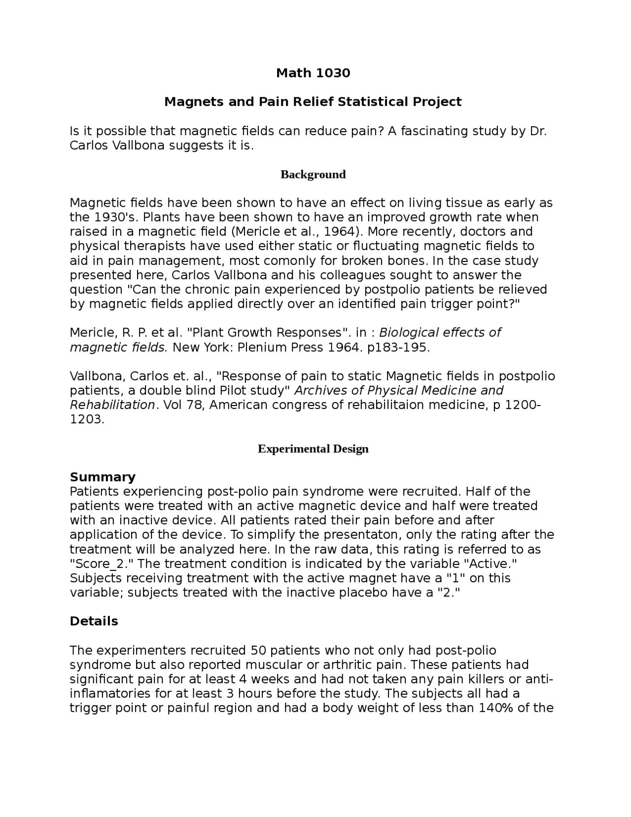 Magnets and Pain Relief Statistical Project | MATH 1030 - Docsity