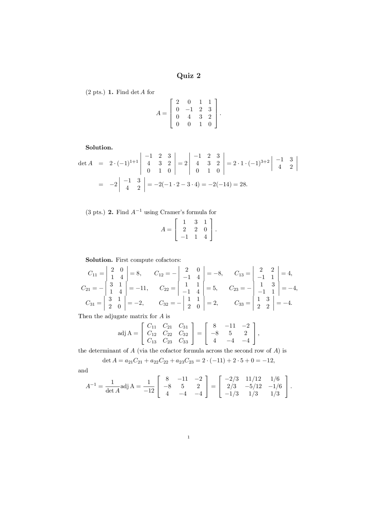 Linear Algebra - Quiz 2 with Solution | MATH 201 - Docsity