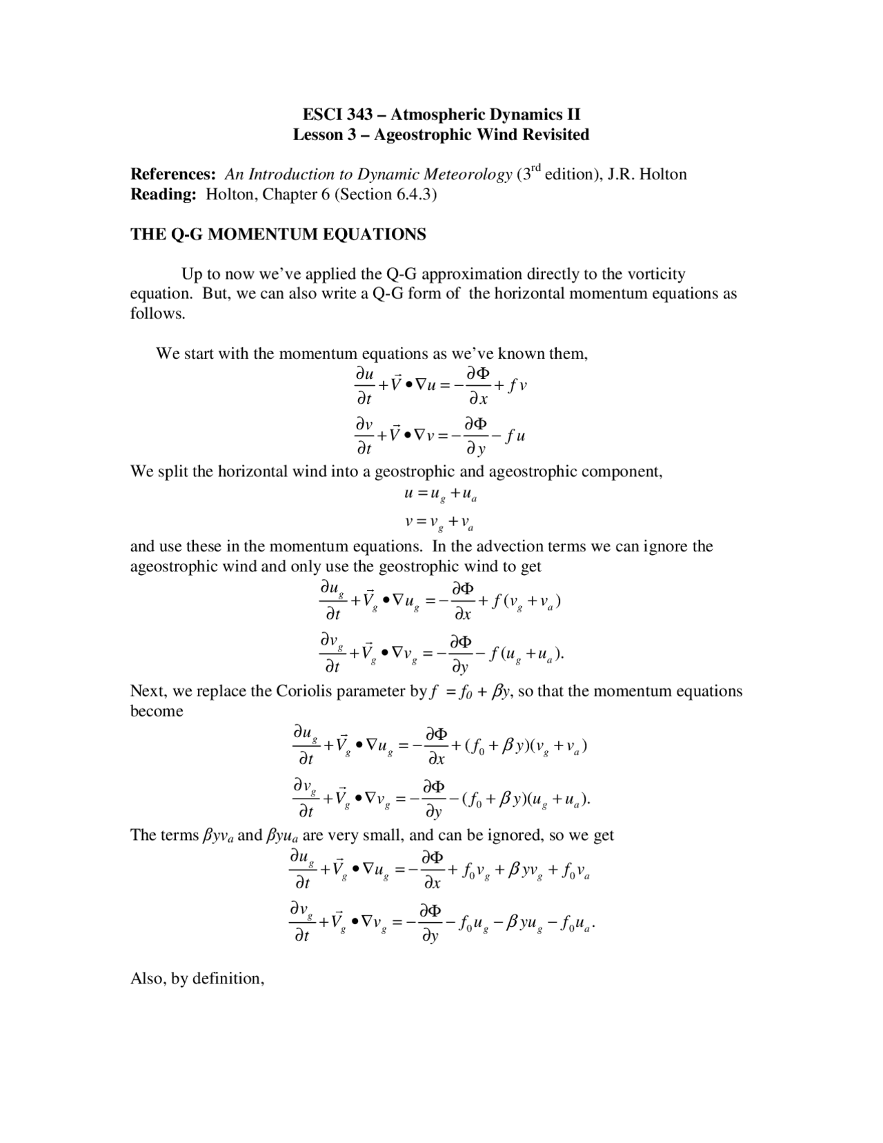 The Momentum Equation Atmospheric Dynamics 2 Handout Esci 343