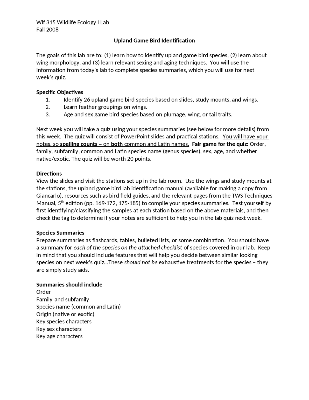 Upland Game Bird Identification - Lab Work | WLF 315 - Docsity