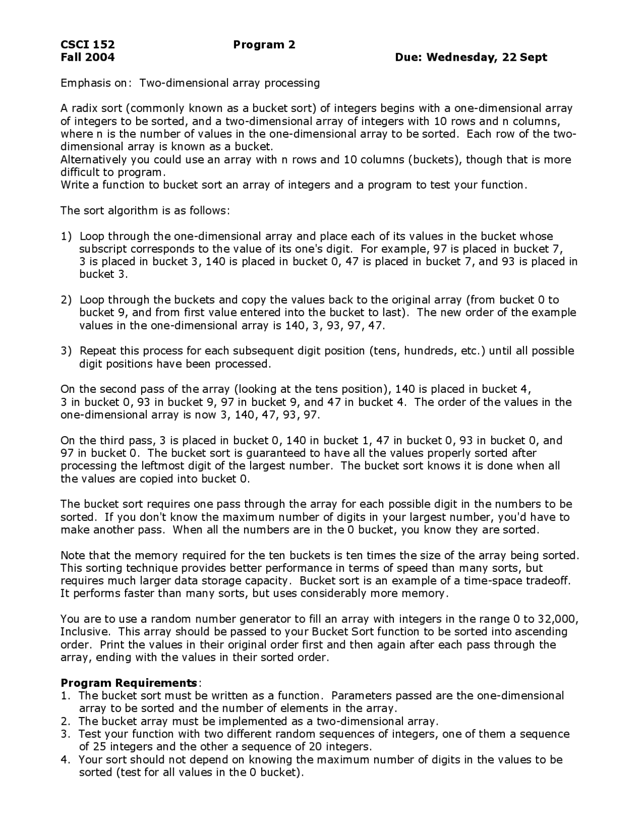 Assignment 2 Using Two Dimensional Arrays Fall 2004 Csci 152 Docsity