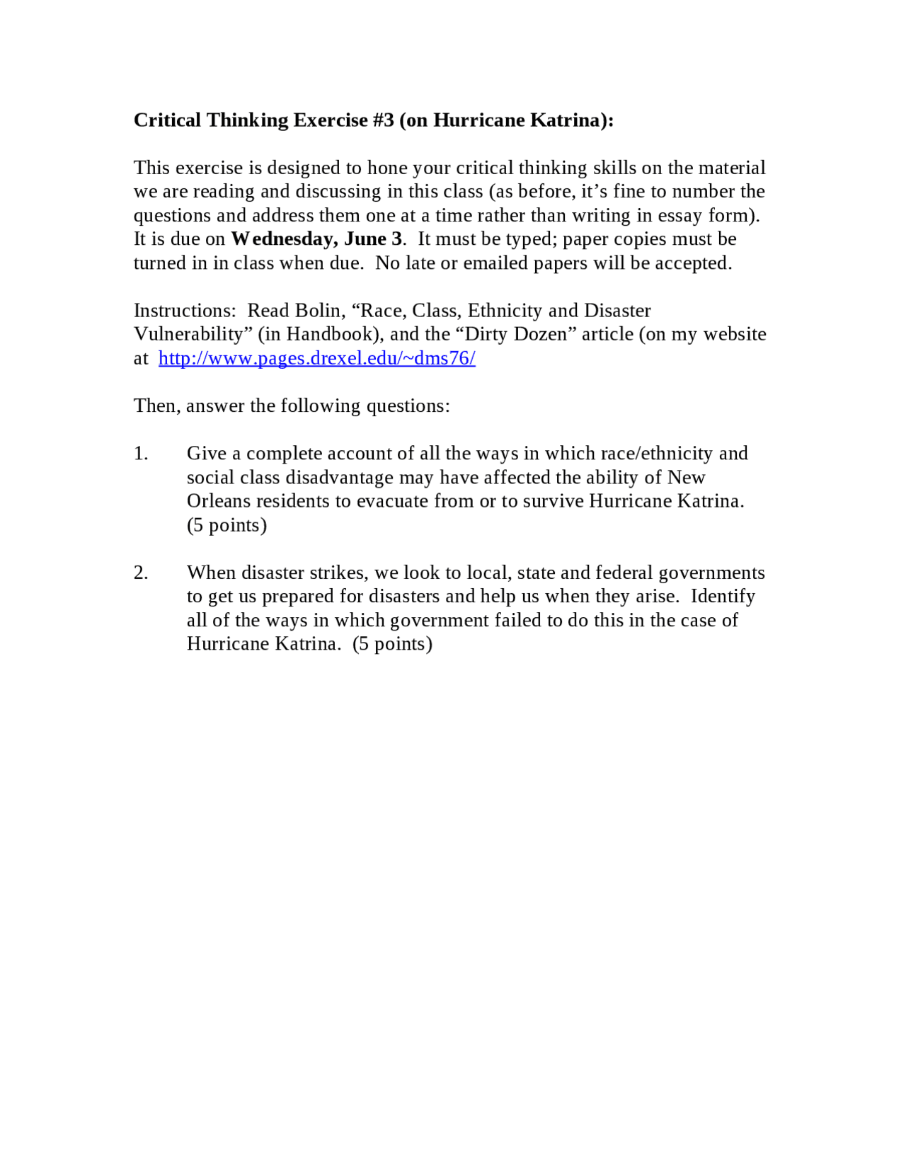 Critical Thinking Exercise 3 on Hurricane Katrina | SOC 380 - Docsity