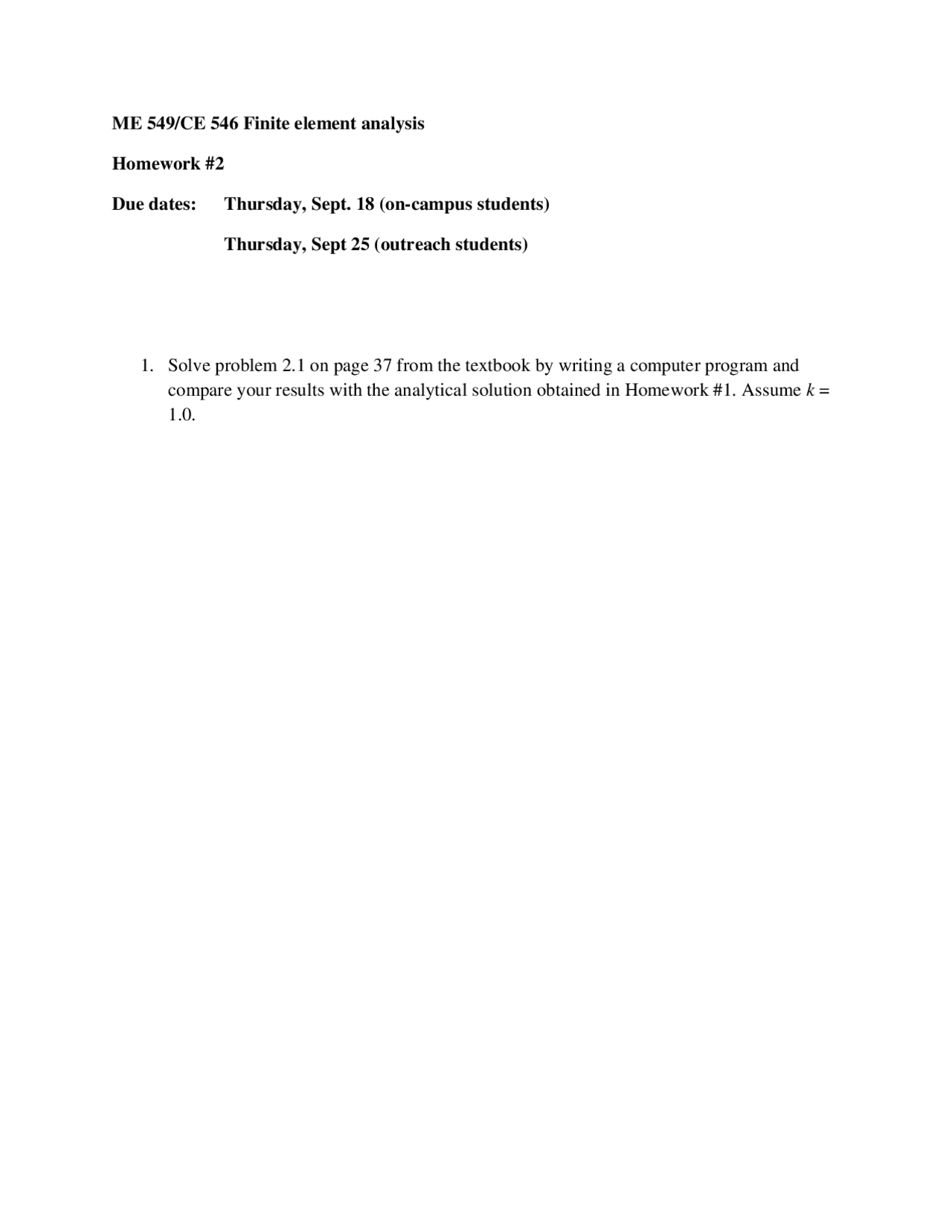 Homework Two On Finite Element Analysis Me 549 Docsity