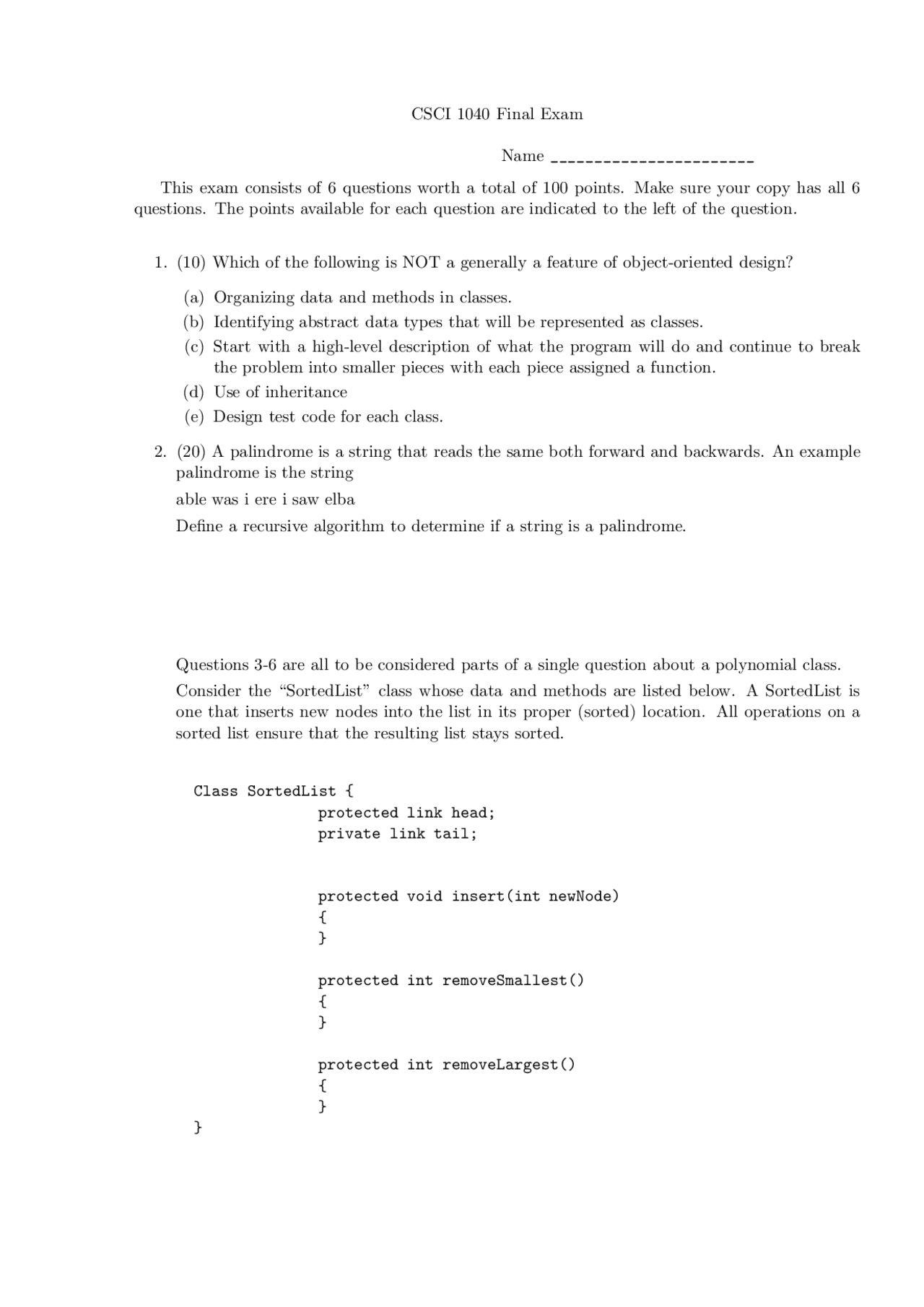 Final Exam For Computer Science Ii Csce 1040 Docsity