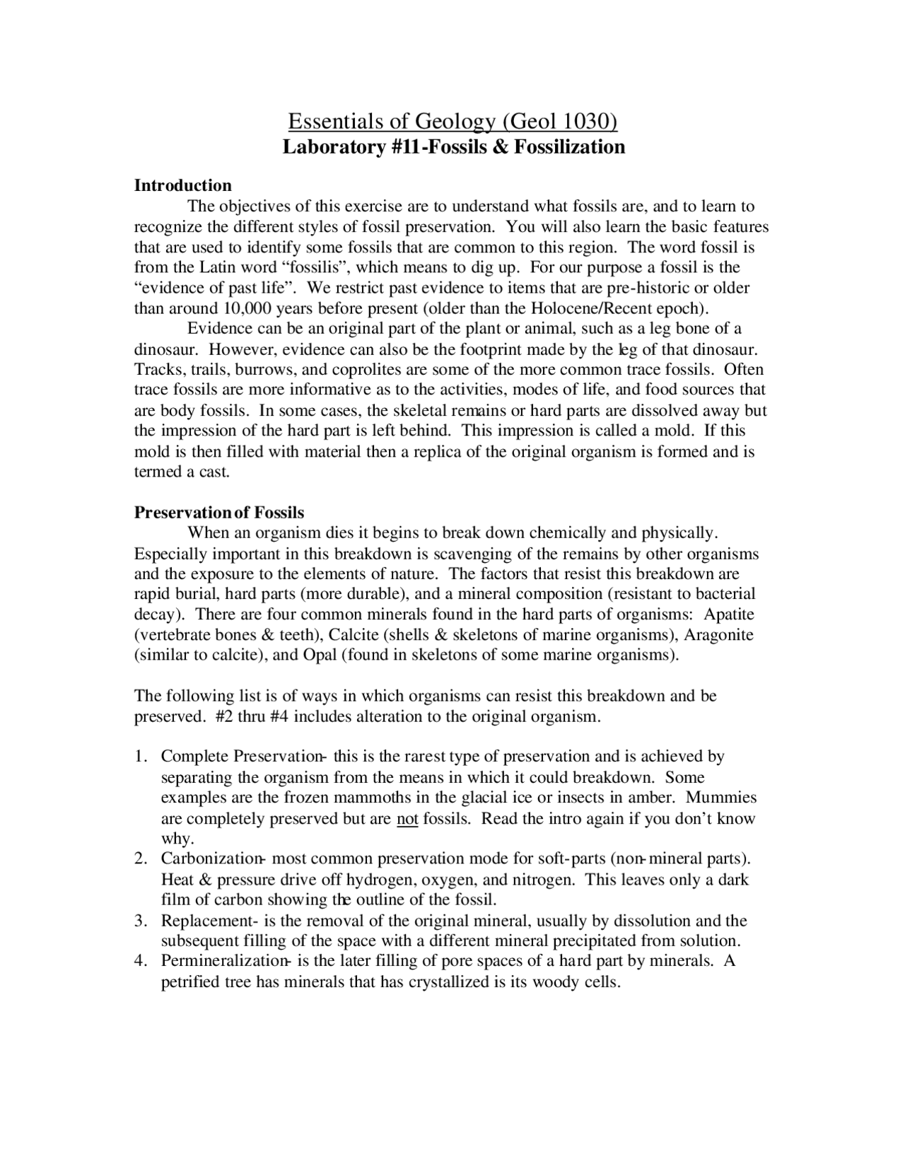 Lab 11 For Fossils And Fossilization Essentials Of Geology Geol
