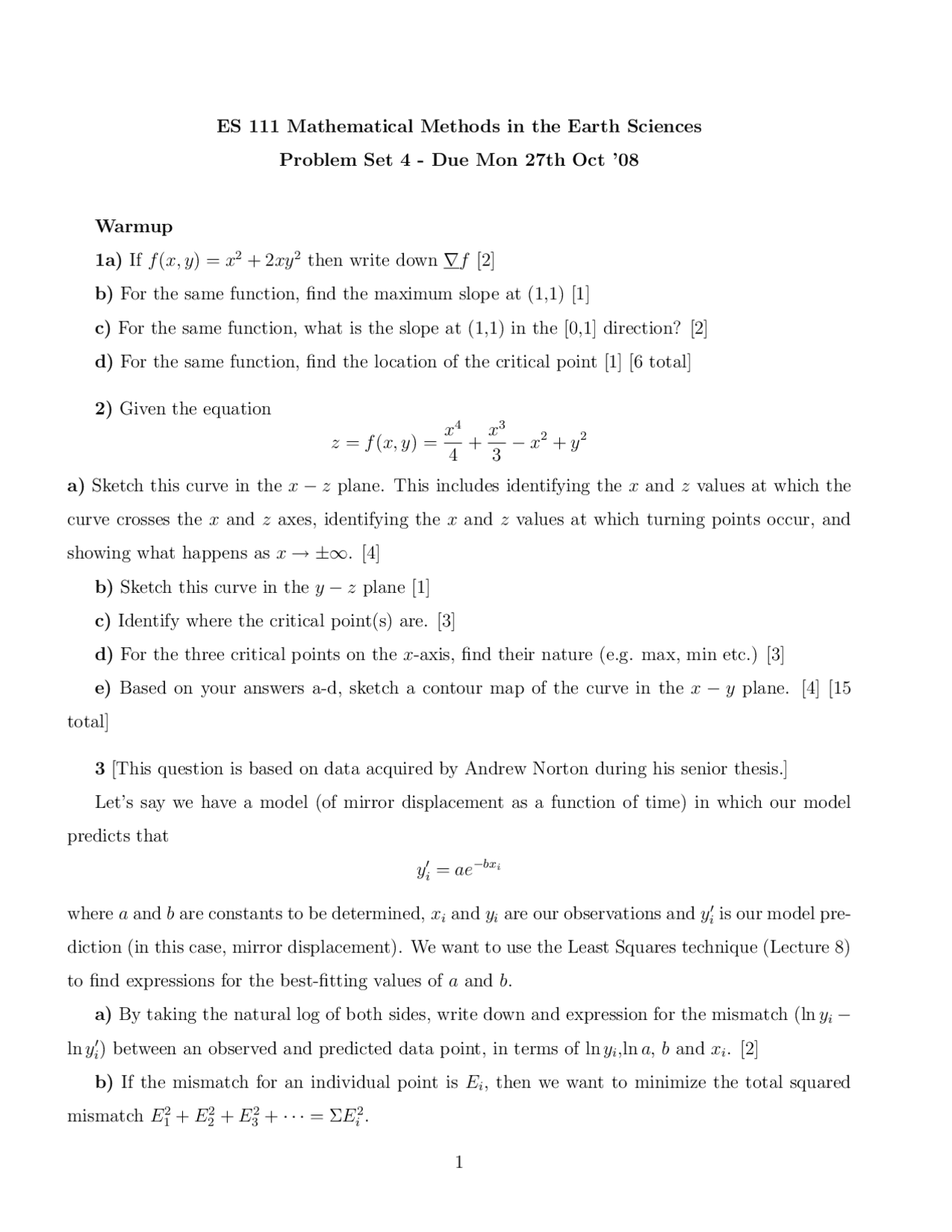 Mathematics In The Earth Sciences Problem Set Four Eart 111 Docsity