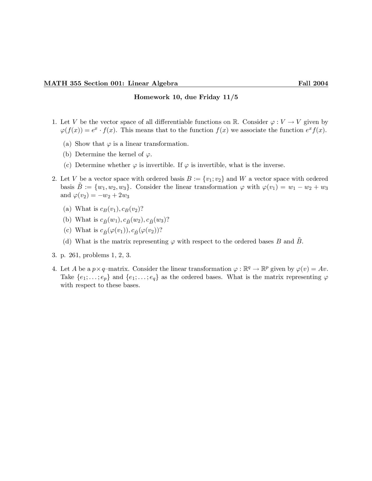 Linear Algebra Homework 10 Questions Math 355 Docsity