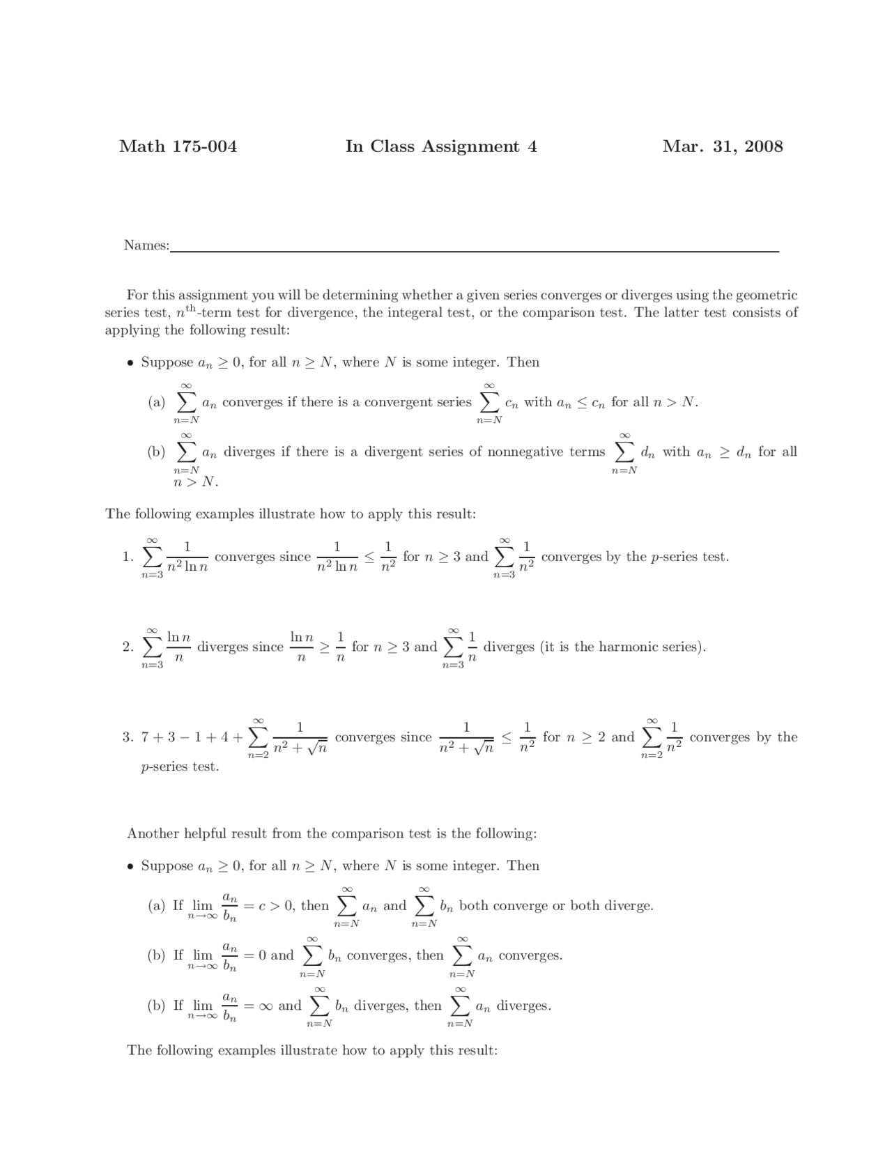 In Class Assignment 4 Practice Problems on Calculus II | MATH 175 - Docsity