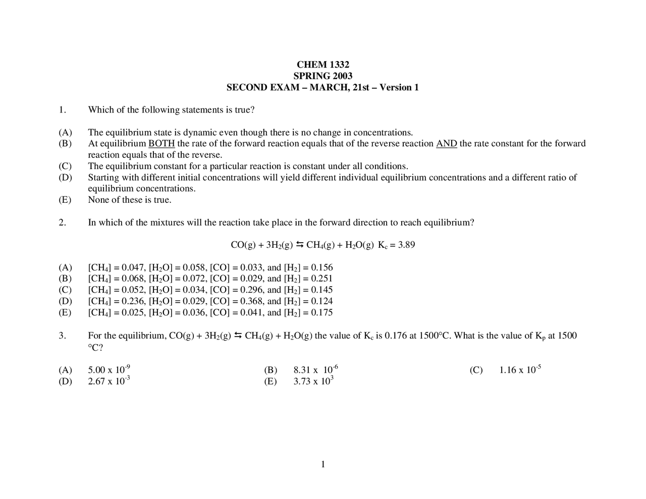 Second Exam Version 1 Fundamentals Of Chemistry Chem 1332 Docsity