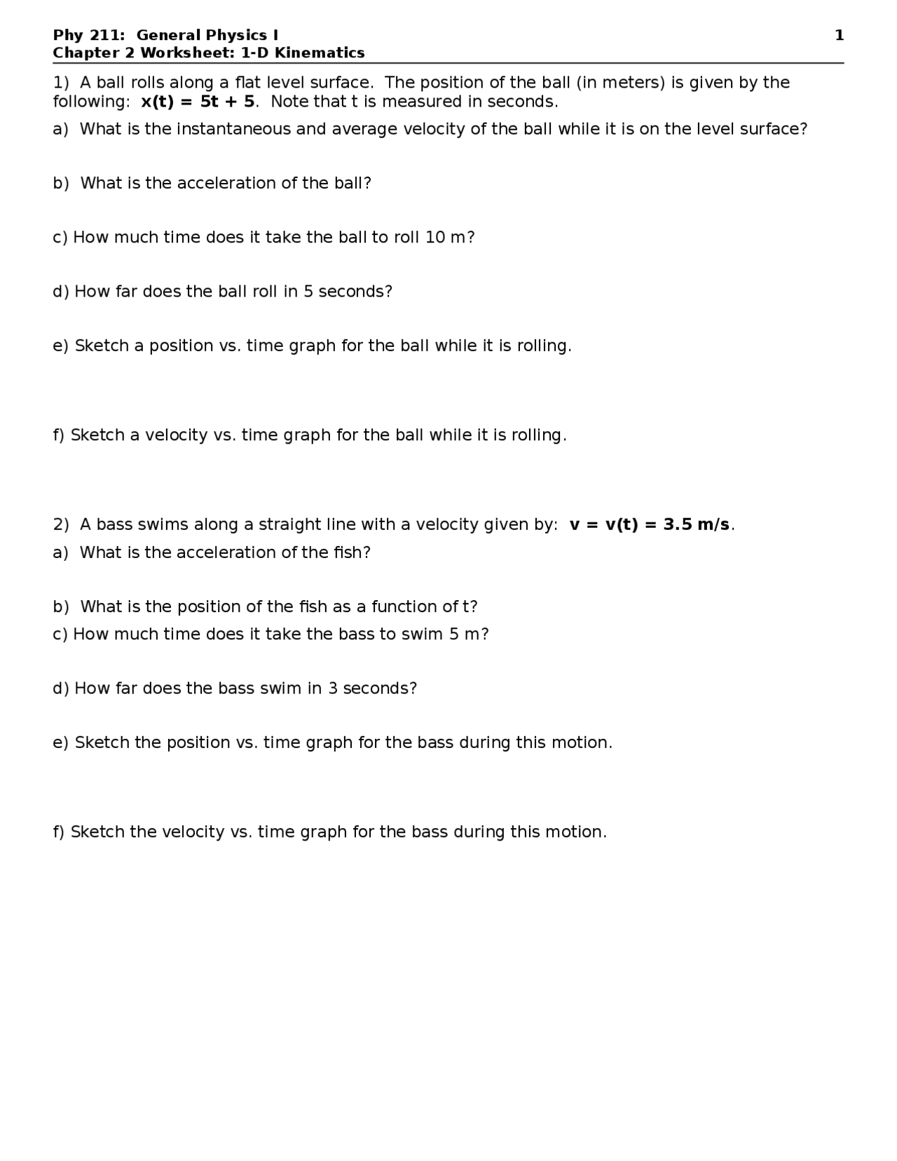 Worksheet For General Physics Calculus Phy 211 Docsity