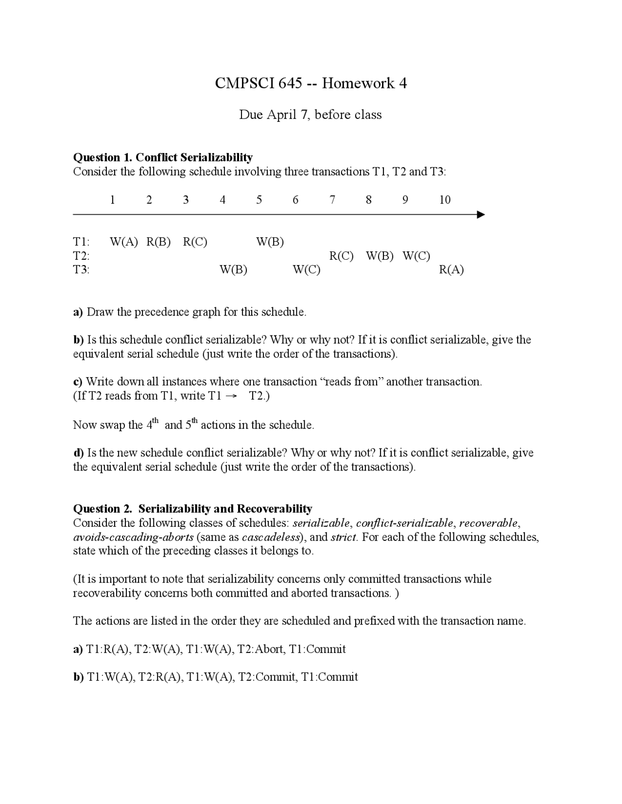 Questions On Serializability Recoverability And Control Protocols