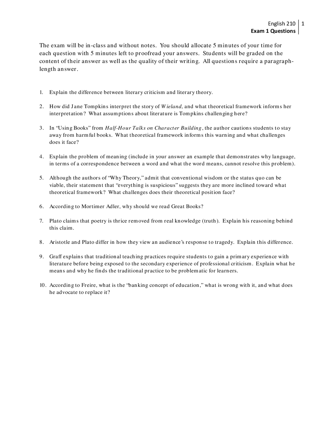 10 Questions - Introduction to Literary Theory - Examination 1 | ENGL ...