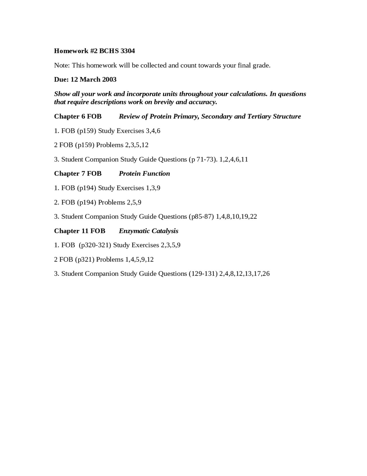 Homework 2 Chapters General Biochemistry I Bchs 3304 Docsity