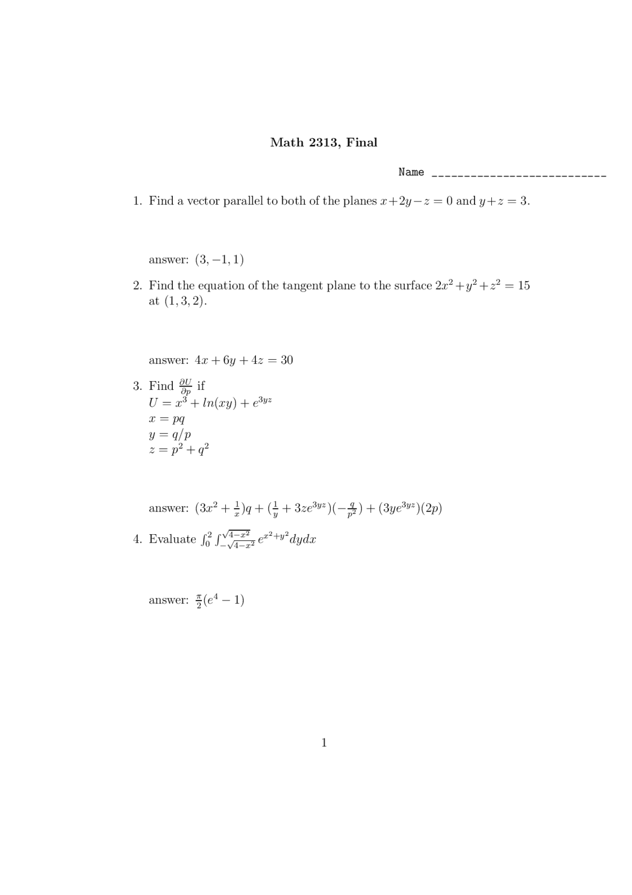 Final Exam With Answer Key Calculus Iii Math 2313 Docsity