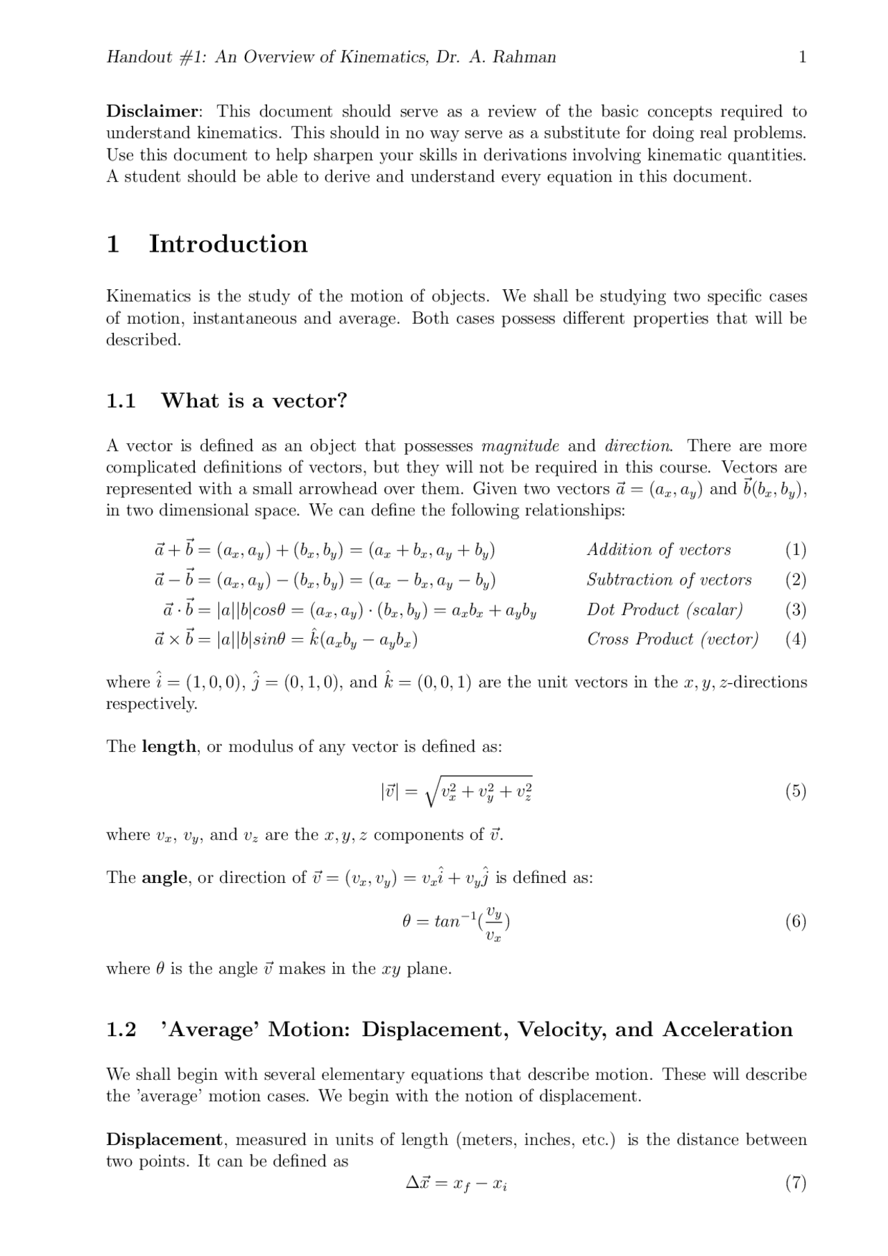 An Overview of Kinematics: Vectors, Displacement, Velocity ...